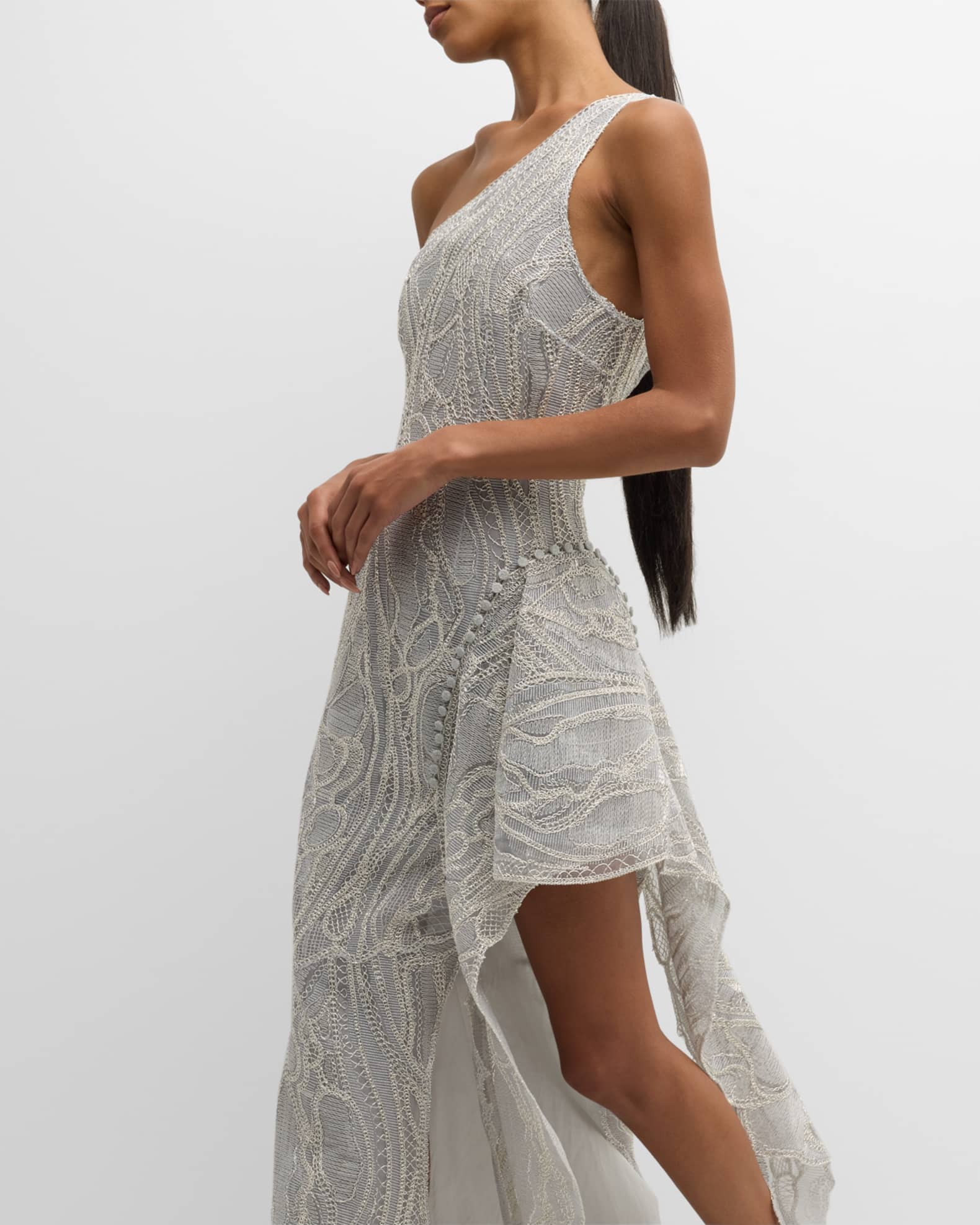 SIMKHAI Agatha Draped One-Shoulder Corded Lace Gown | Neiman Marcus