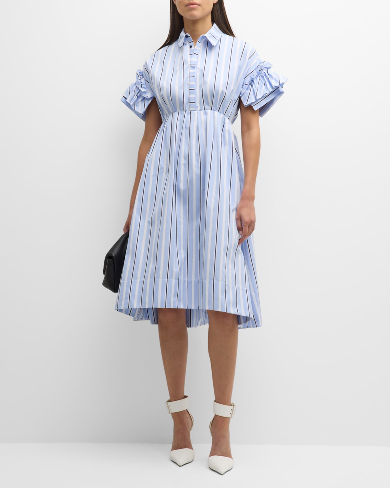 Dice Kayek Striped Ruffle-Sleeve Midi Shirtdress | Neiman Marcus