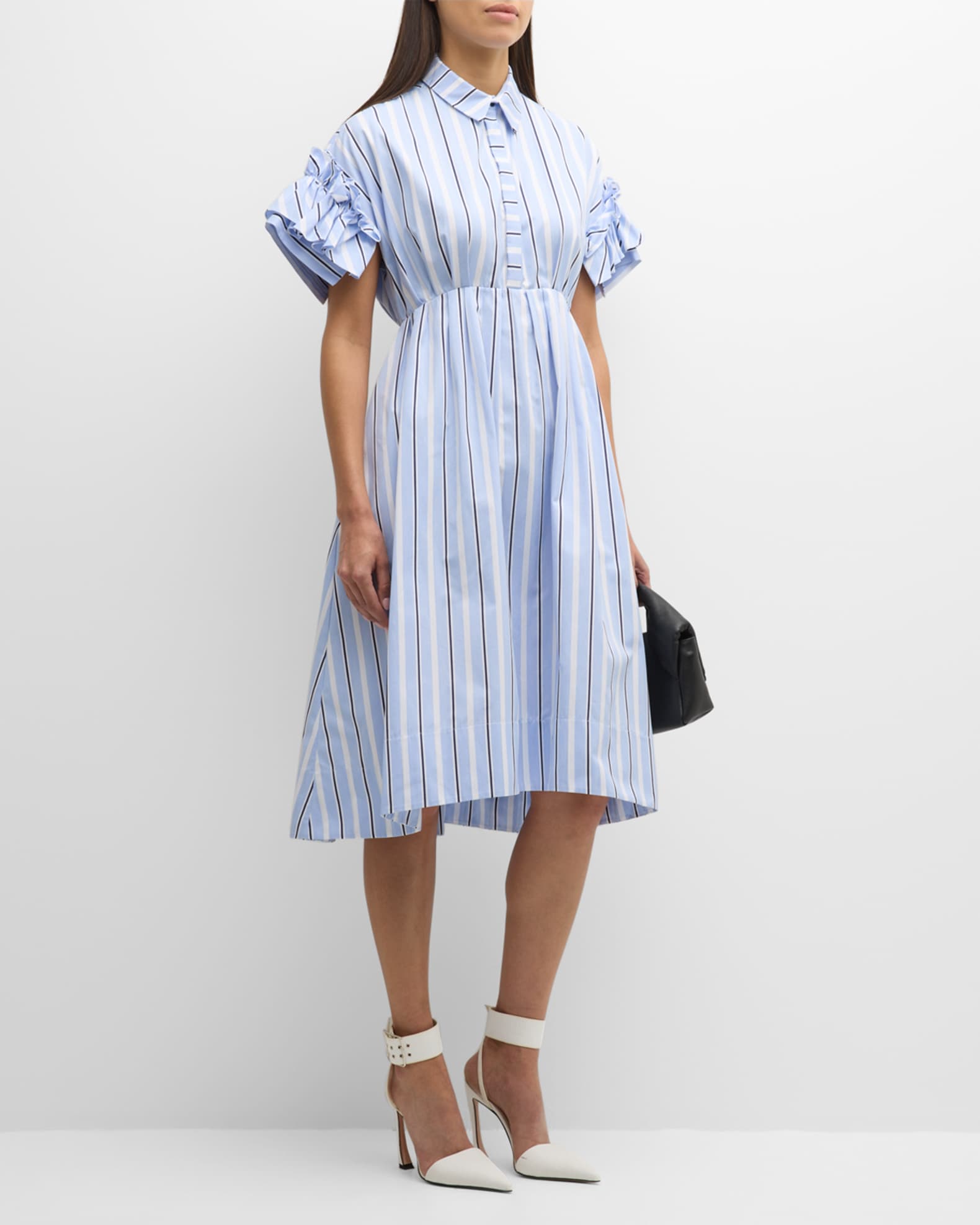 Dice Kayek Striped Ruffle-Sleeve Midi Shirtdress | Neiman Marcus