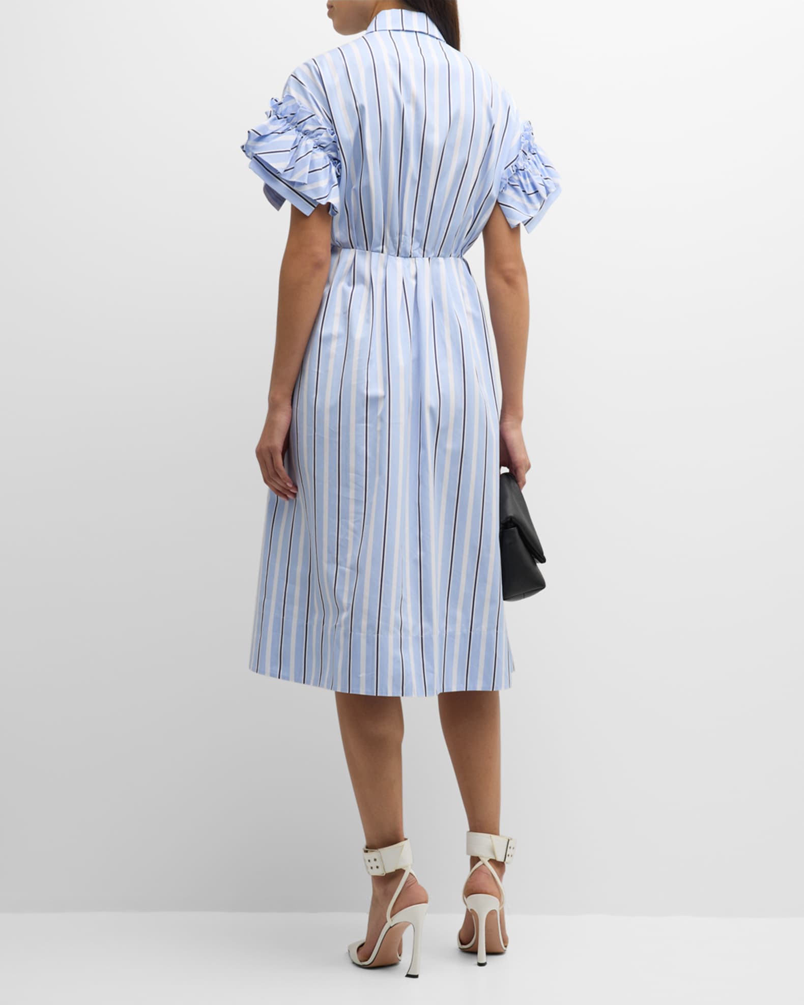 Dice Kayek Striped Ruffle-Sleeve Midi Shirtdress | Neiman Marcus
