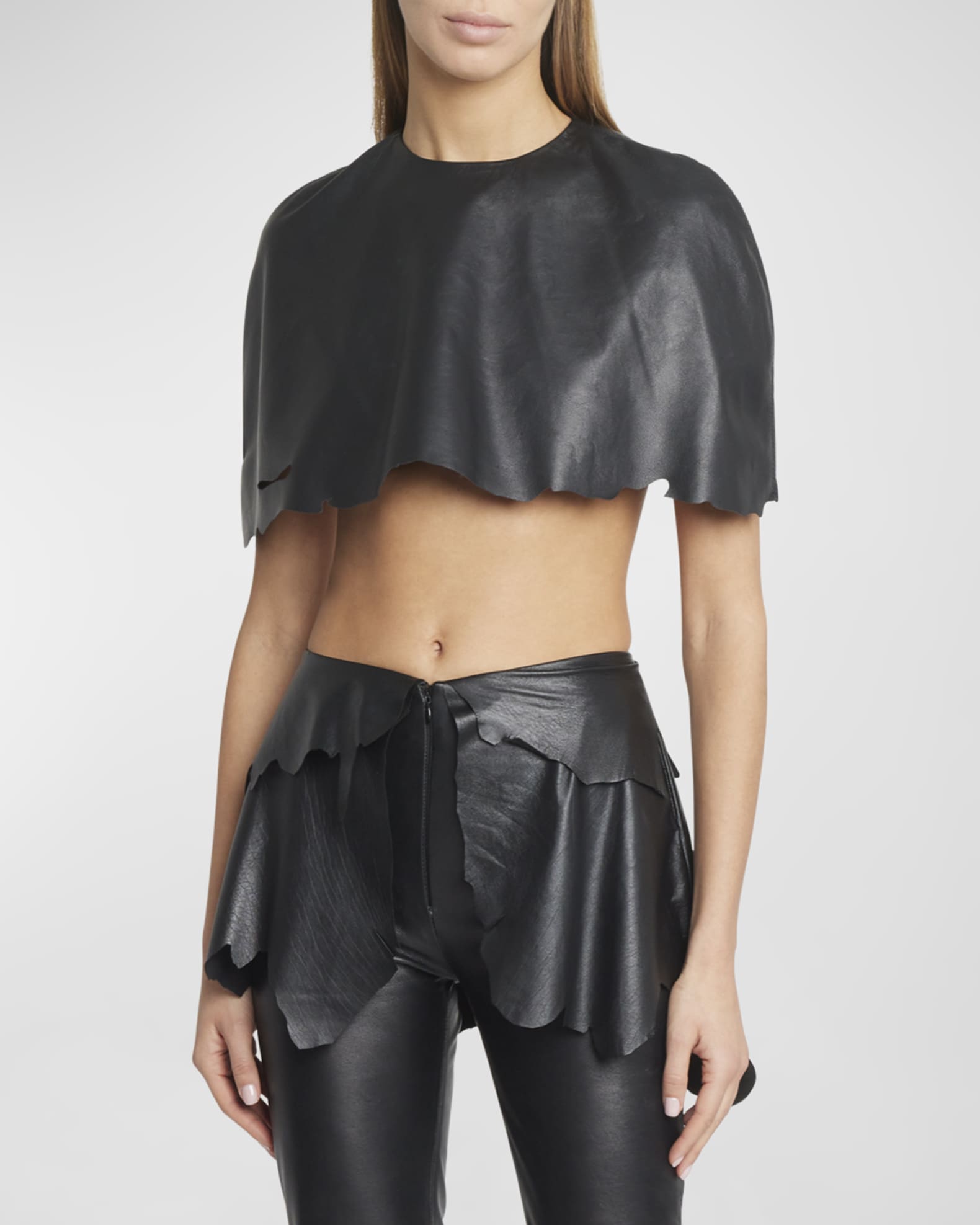Coperni Raw-Edge Crop Leather Cape | Neiman Marcus