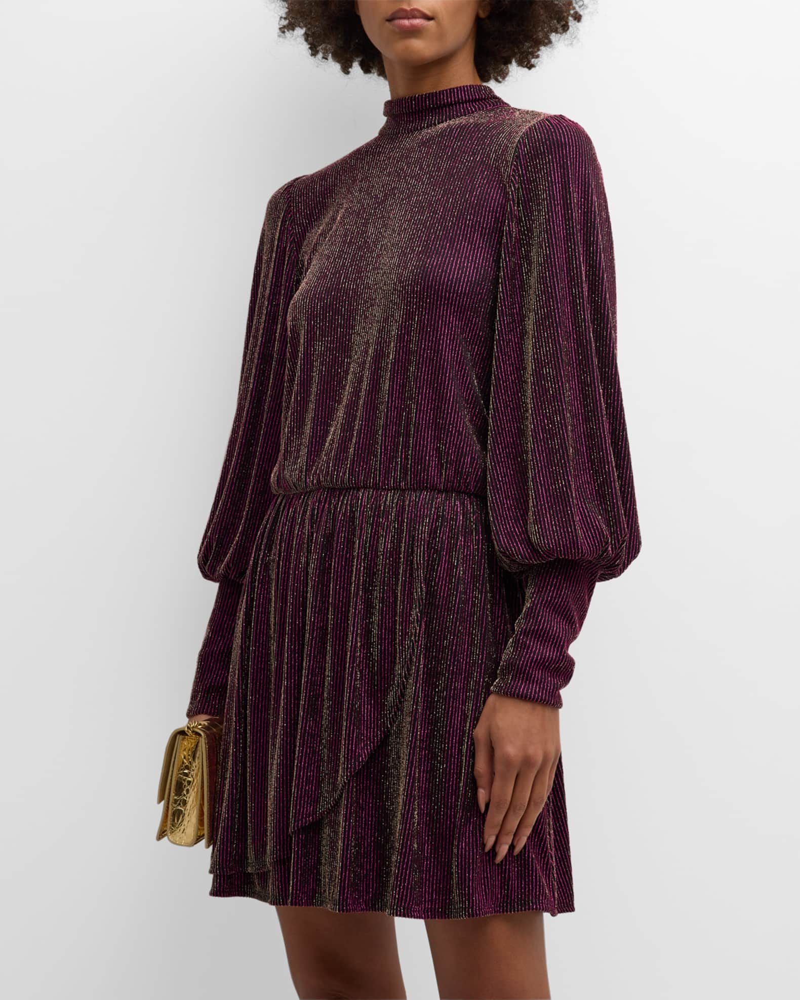 Black Halo Gavin Bishop-Sleeve Metallic Striped Mini Dress | Neiman Marcus