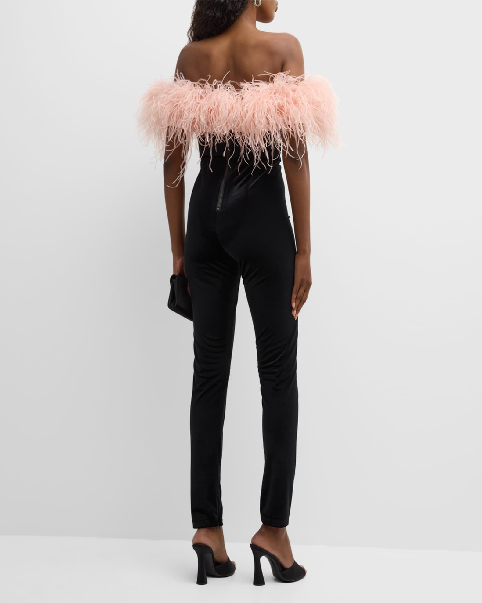 Bronx and Banco Florentina Off-Shoulder Feather-Trim Jumpsuit | Neiman Marcus