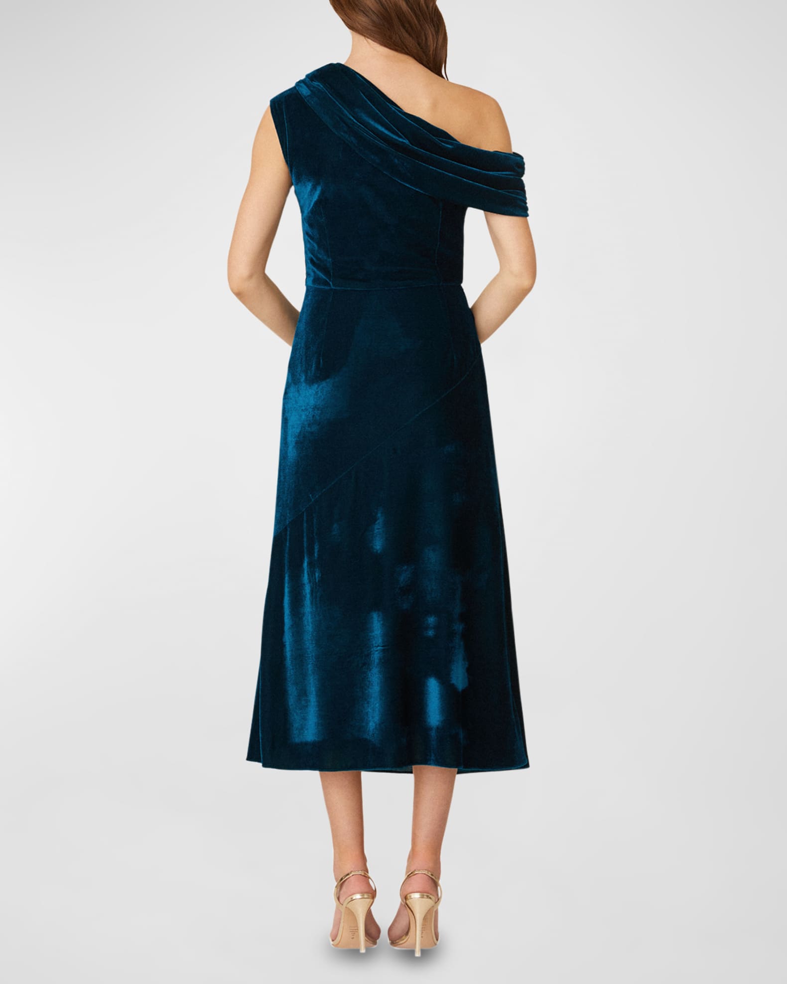 Shoshanna Pleated One-Shoulder Velvet Midi Dress | Neiman Marcus