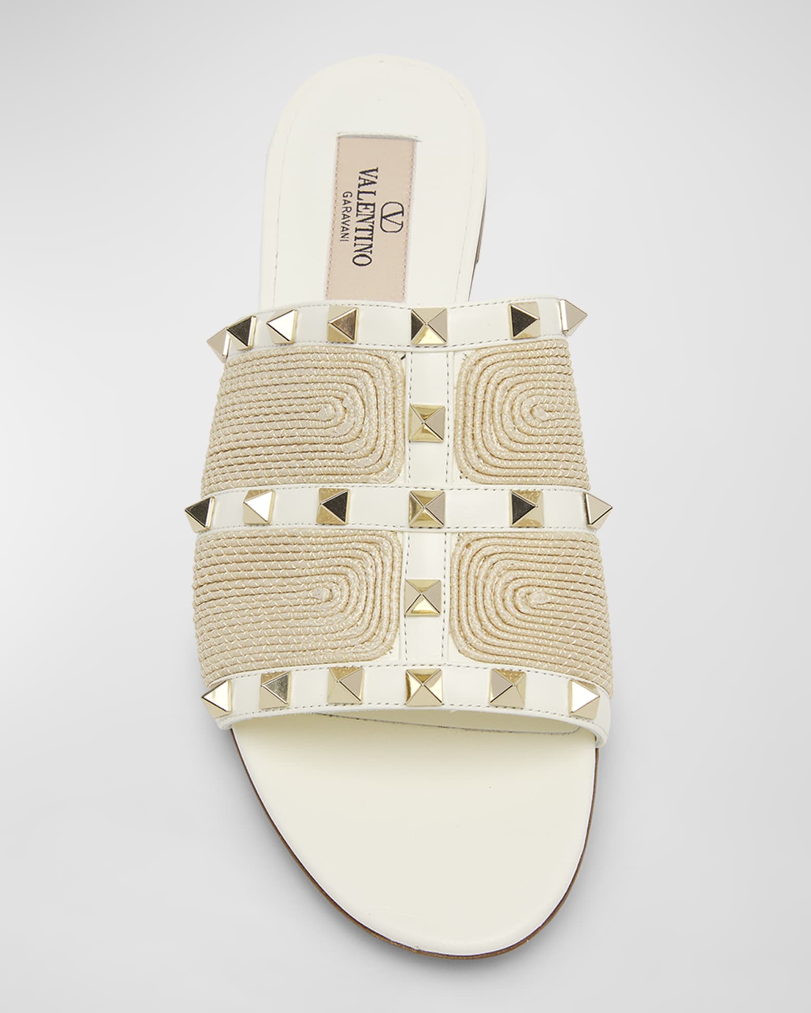 Valentino Garavani Rockstud Raffia Flat Slide Sandals | Neiman Marcus