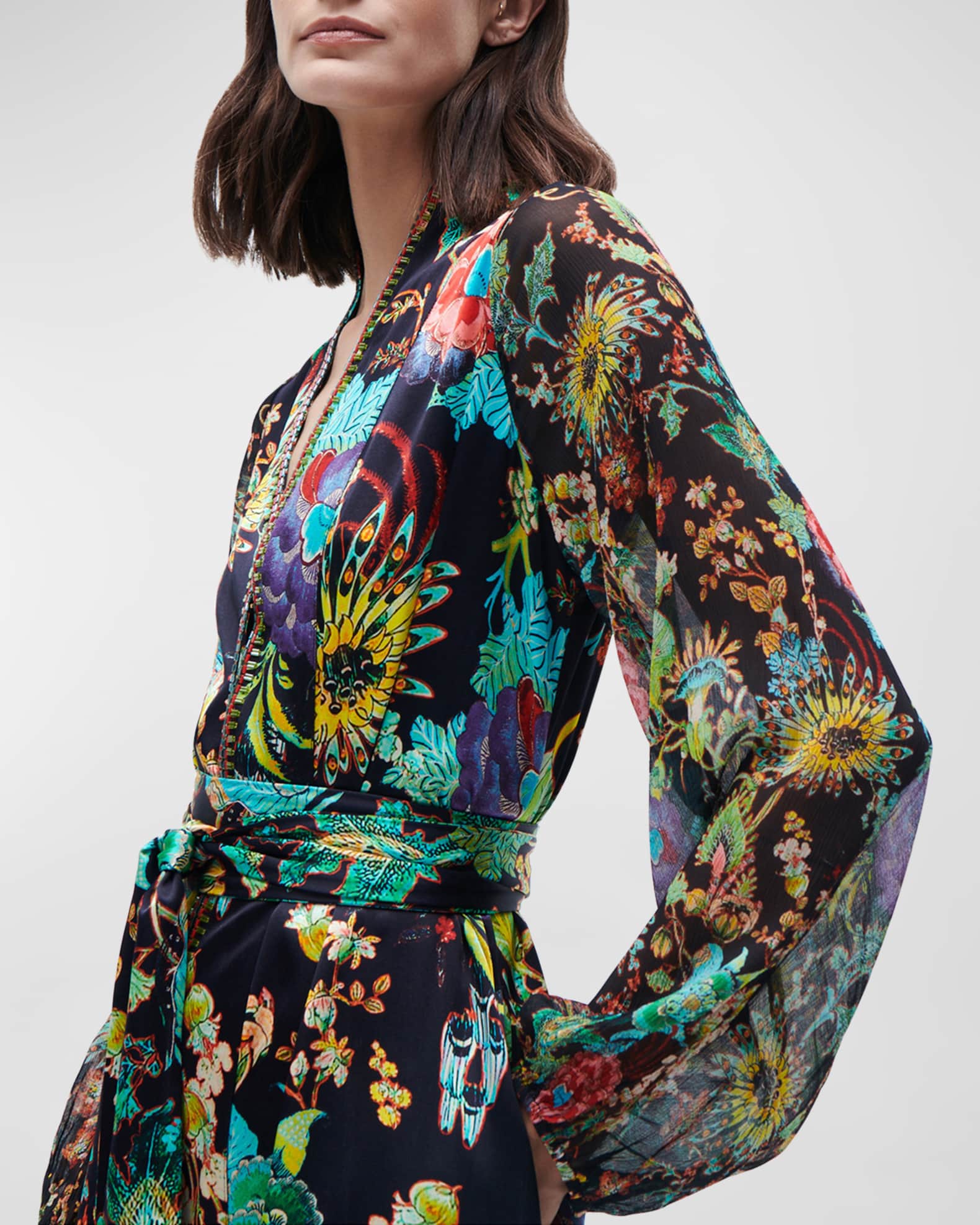 Figue Solana Beaded V-Neck Long-Sleeve Belted Maxi Dress | Neiman Marcus