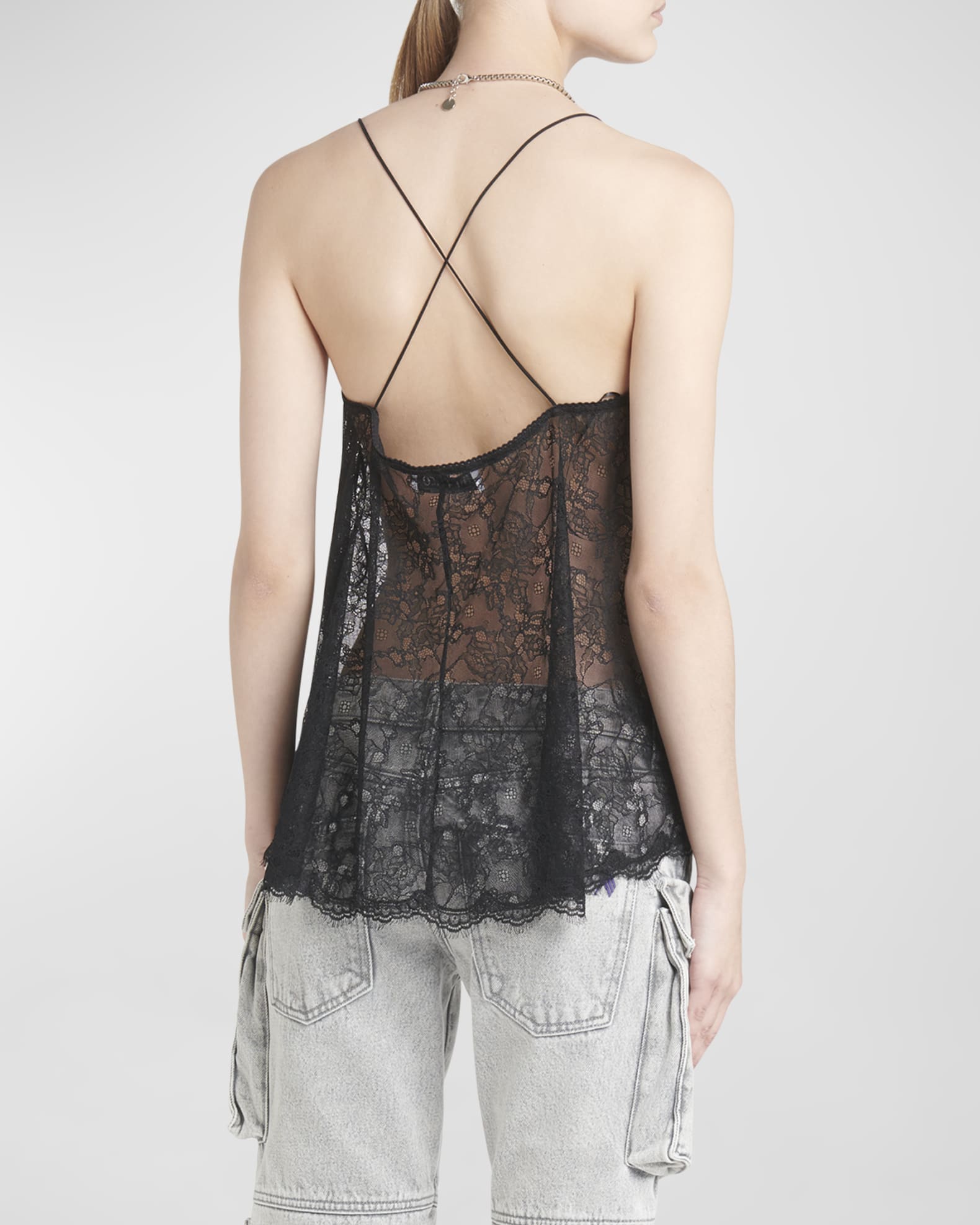The Attico Cutout Button-Front Chain-Halter Lace Top | Neiman Marcus