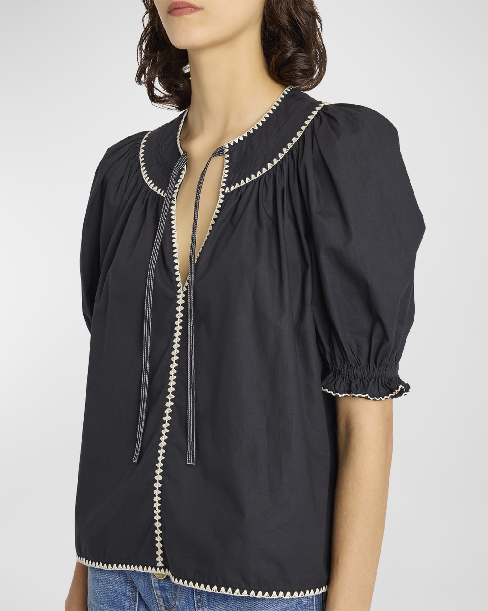 Ulla Johnson Ruby Embroidered Poplin Split-Neck Puff-Sleeve Top | Neiman Marcus