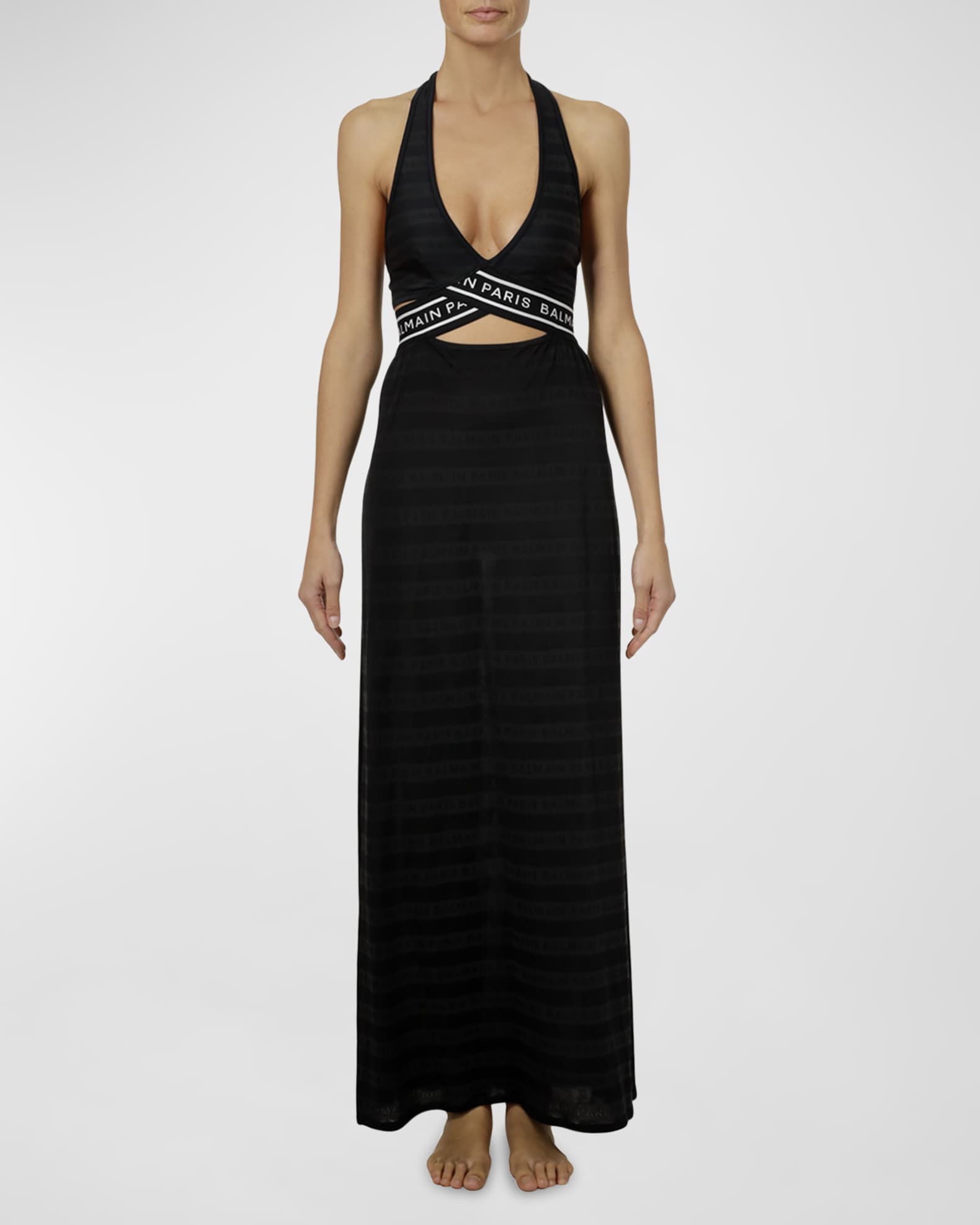Balmain Logo Halter Maxi Dress | Neiman Marcus