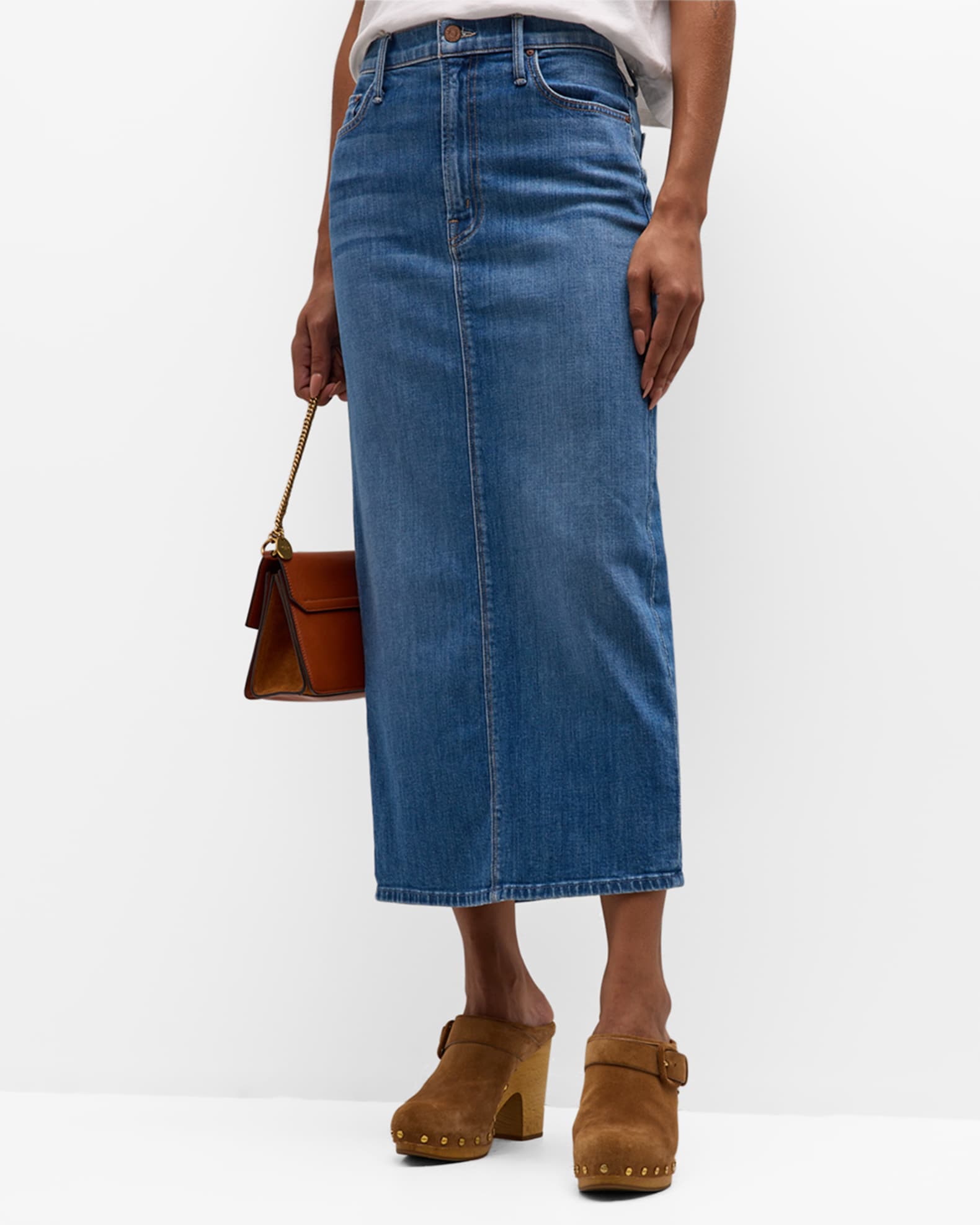 MOTHER The Pencil Pusher Denim Midi Skirt | Neiman Marcus