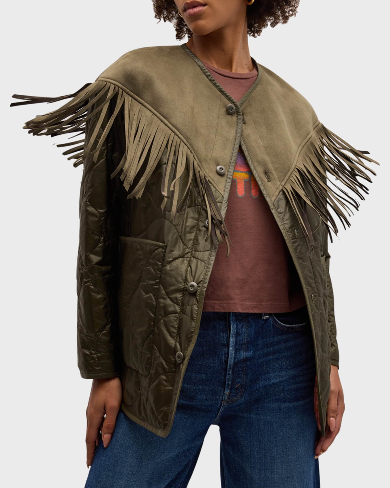 MOTHER The Tip Off Fringe Quilted Jacket | Neiman Marcus