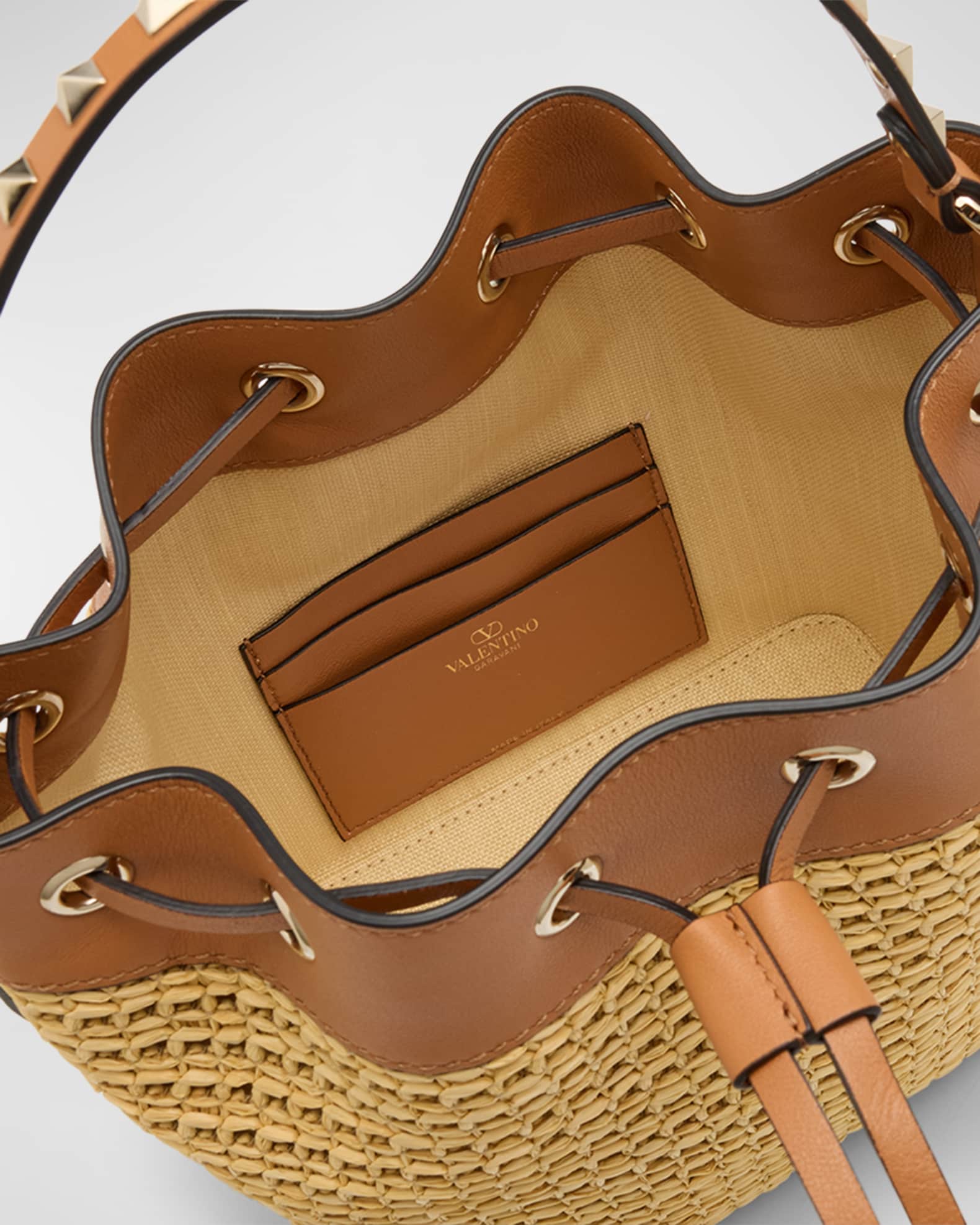 Valentino Garavani Rockstud Woven Leather Bucket Bag | Neiman Marcus