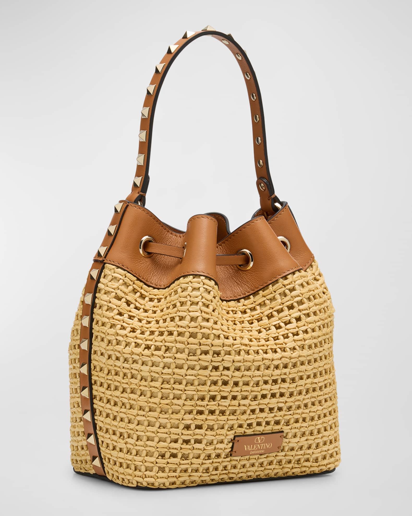 Valentino Garavani Rockstud Woven Leather Bucket Bag | Neiman Marcus