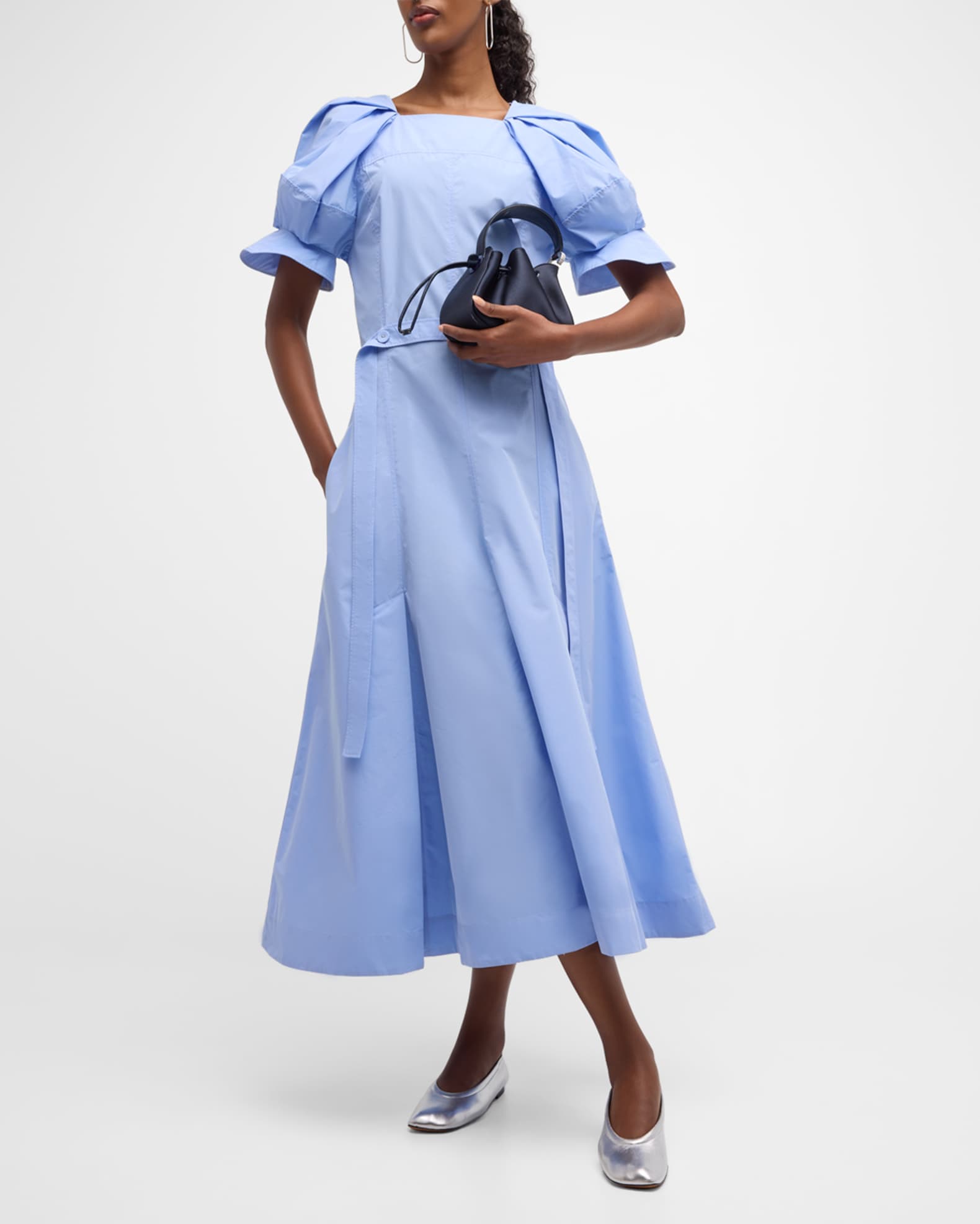 3.1 Phillip Lim Belted Puff-Sleeve A-Line Midi Dress | Neiman Marcus