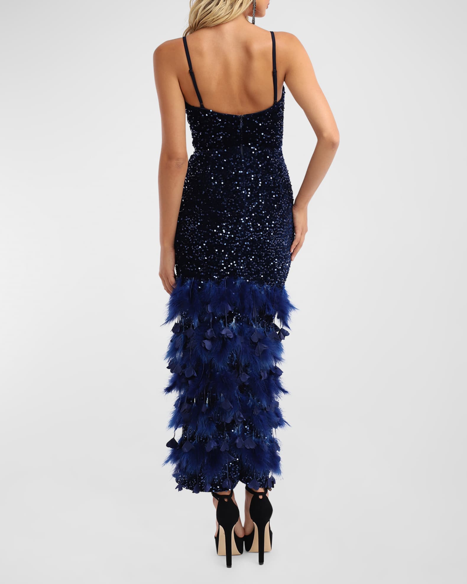 HELSI Julie Sequin Feather-Trim Column Gown | Neiman Marcus