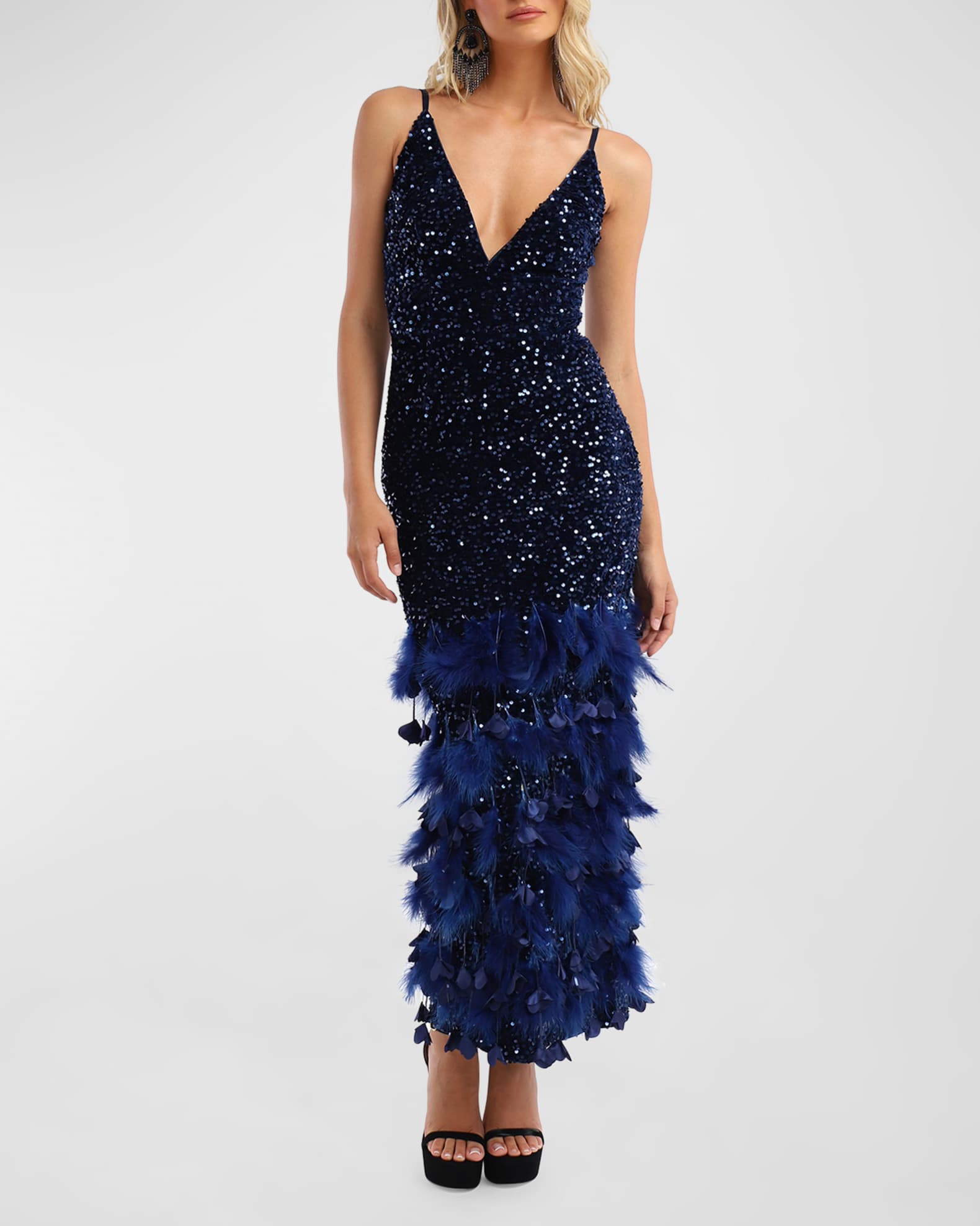 HELSI Julie Sequin Feather-Trim Column Gown | Neiman Marcus