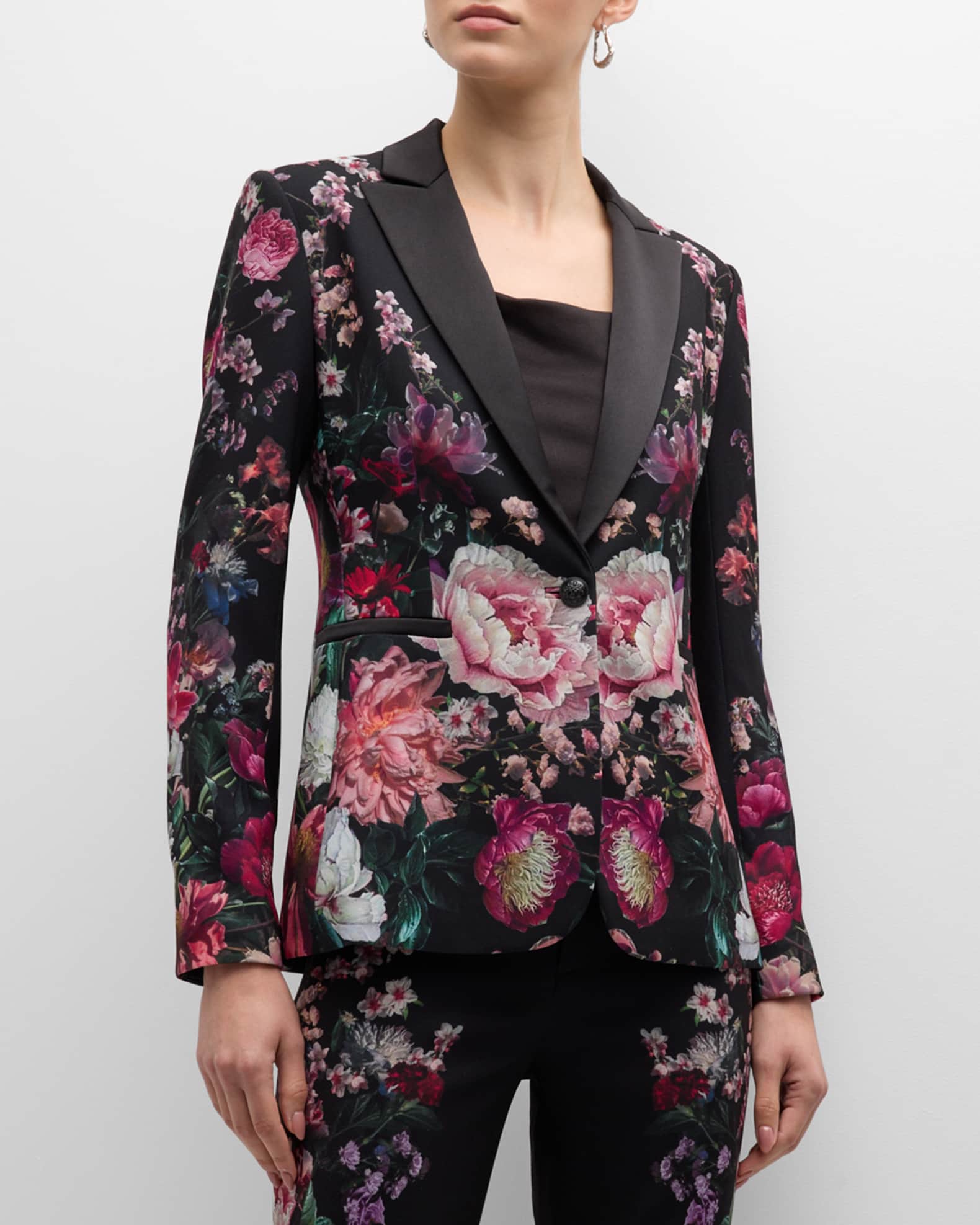 Alice + Olivia Breann Floral-Print Fitted Satin Blazer | Neiman Marcus