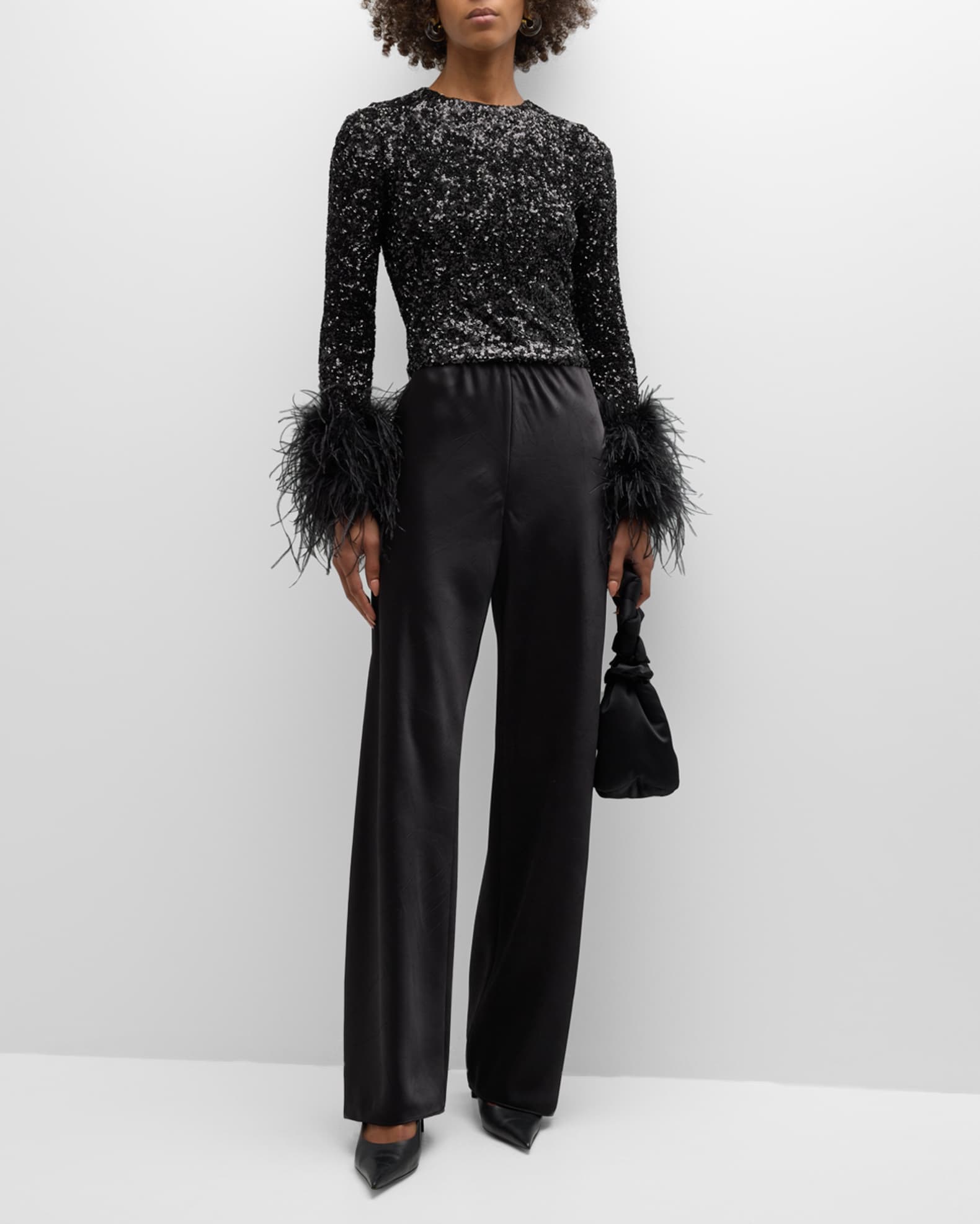Alice + Olivia Delaina Sequined Feather-Cuff Top | Neiman Marcus