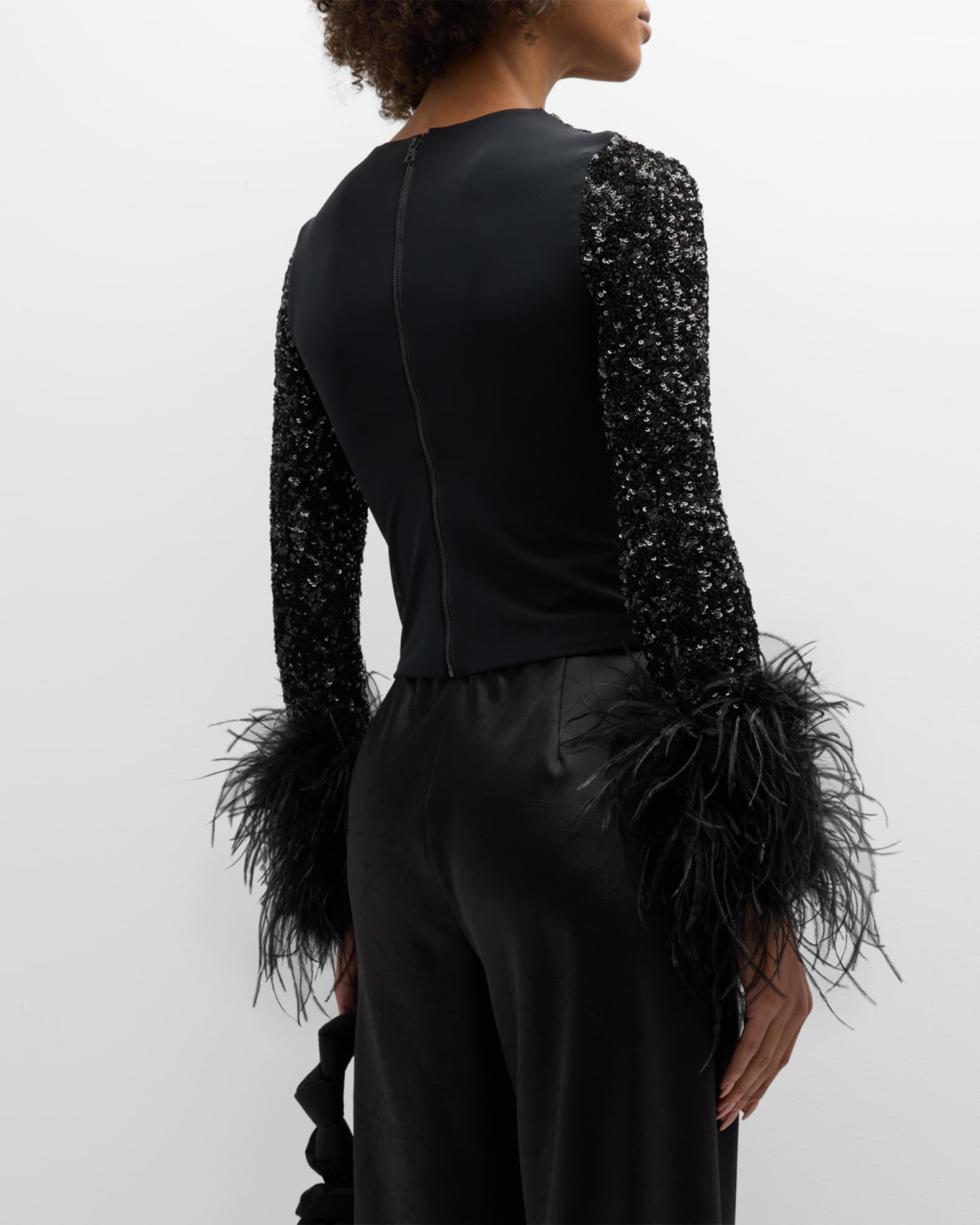Alice + Olivia Delaina Sequined Feather-Cuff Top | Neiman Marcus