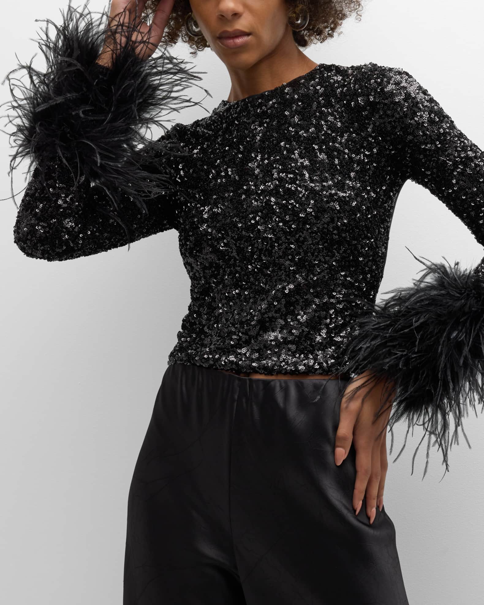Alice + Olivia Delaina Sequined Feather-Cuff Top | Neiman Marcus