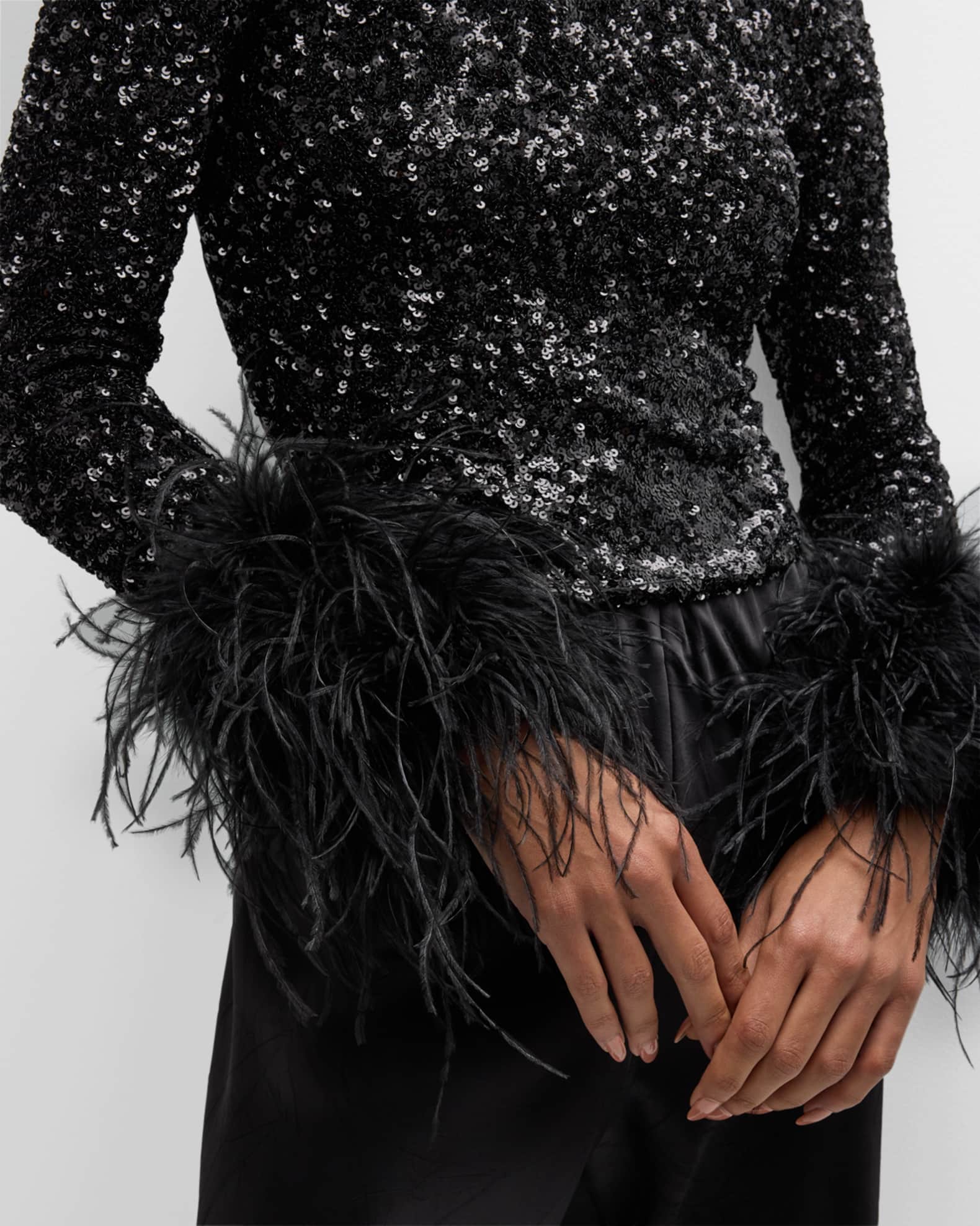 Alice + Olivia Delaina Sequined Feather-Cuff Top | Neiman Marcus