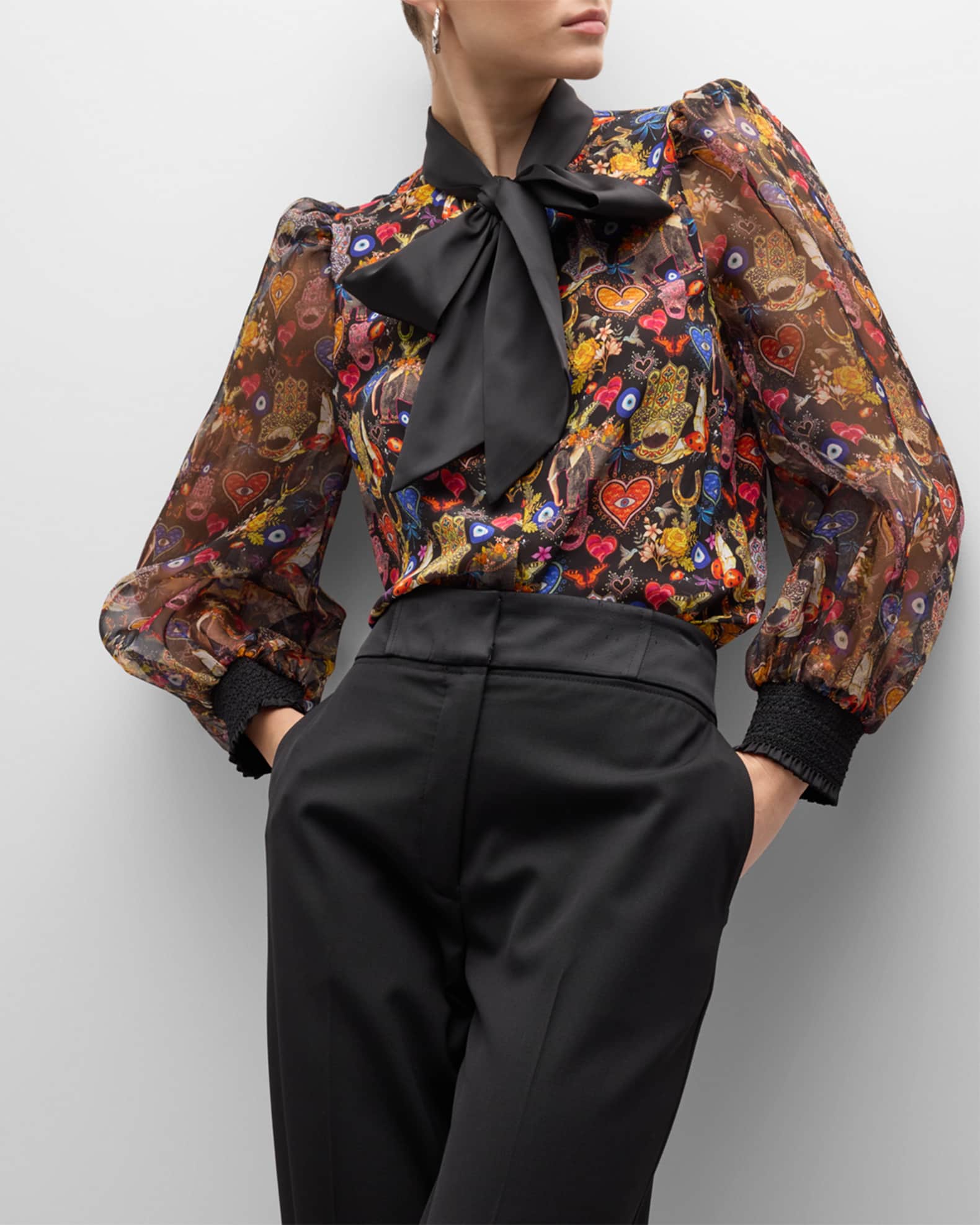 Alice + Olivia Brentley Printed Satin Tie-Neck Blouse | Neiman Marcus