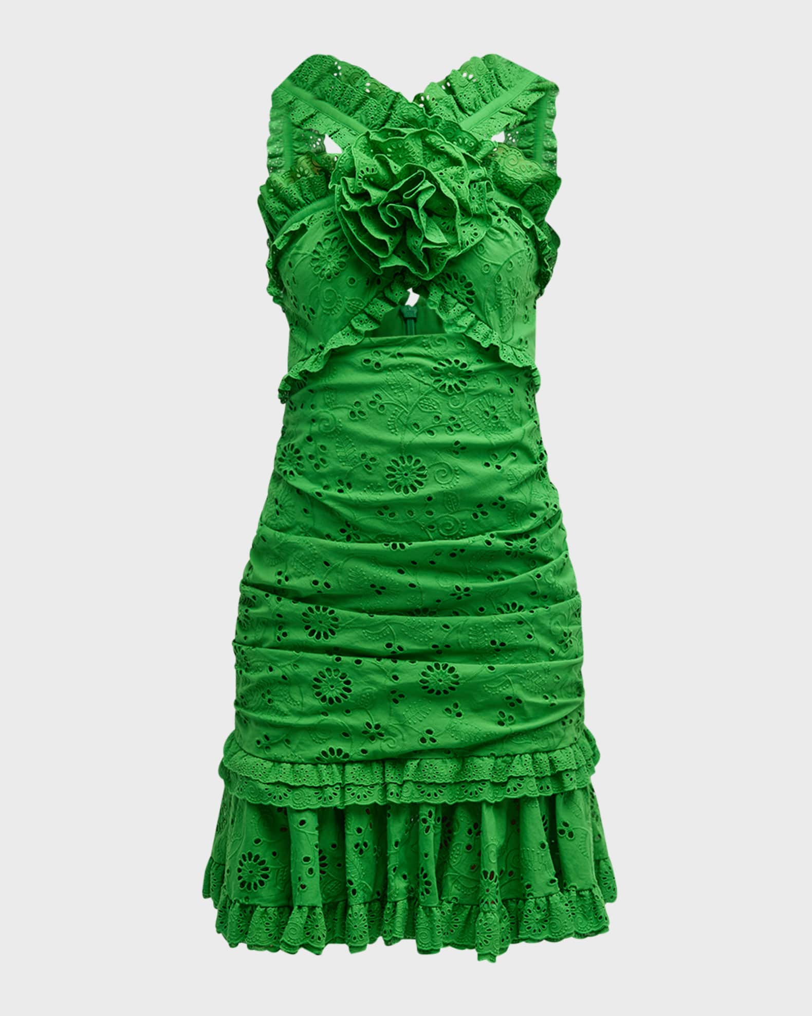 Carolina Herrera Flower-Applique Cutout Ruffle Halter Broderie Anglaise ...