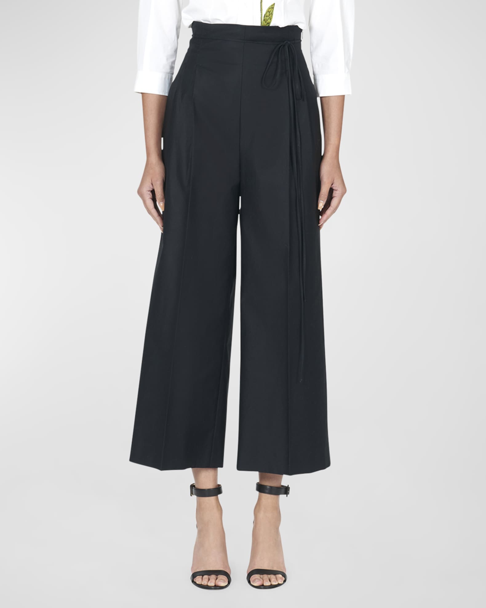 Carolina Herrera High-Rise Pleated Wide-Leg Crop Pants With Waist Tie ...