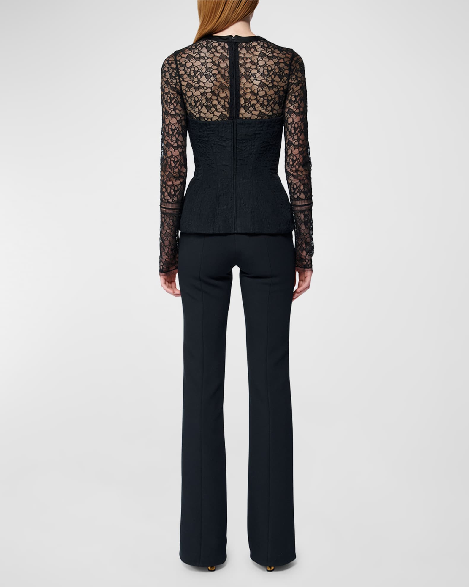 SIMKHAI Prima Long-Sleeve Bustier Lace Peplum Top | Neiman Marcus