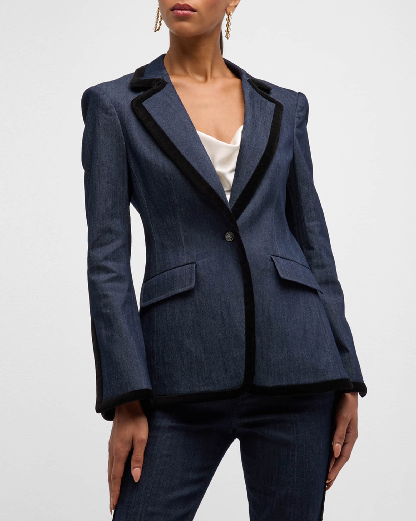 Cinq a Sept Ariane Contrast-Trim Tailored Denim Jacket | Neiman Marcus