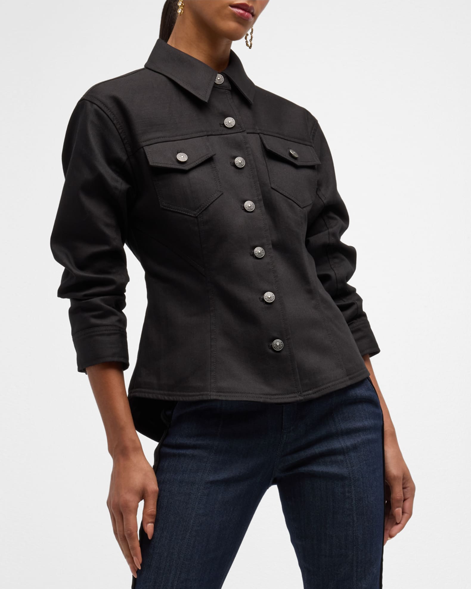 Cinq a Sept Canyon Scrunched-Sleeve Denim Shirt Jacket | Neiman Marcus