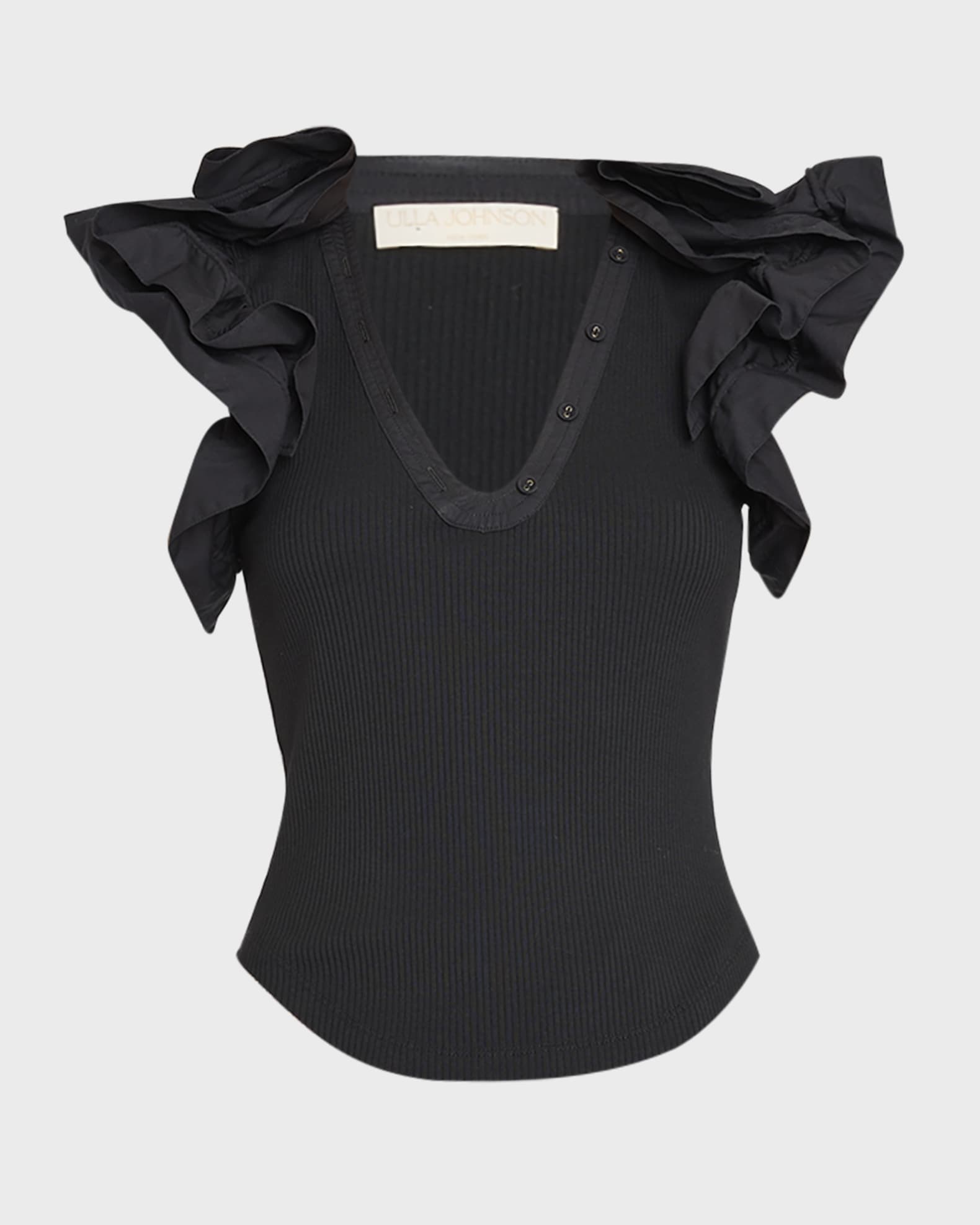 Ulla Johnson Birdie Ruffle-Sleeve Rib-Knit Top | Neiman Marcus