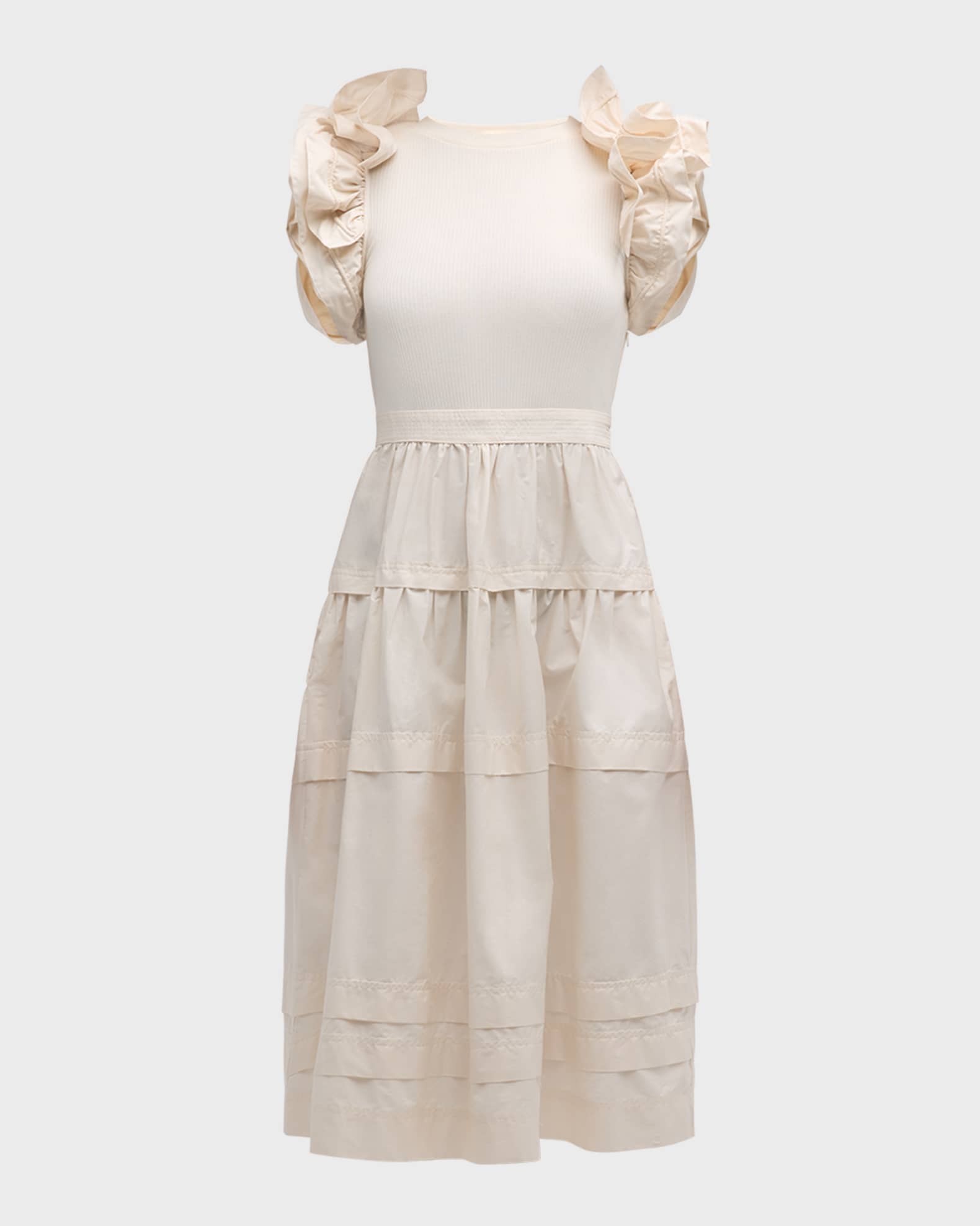 Ulla Johnson Francine Ruffle-Sleeve Combo Midi Dress | Neiman Marcus