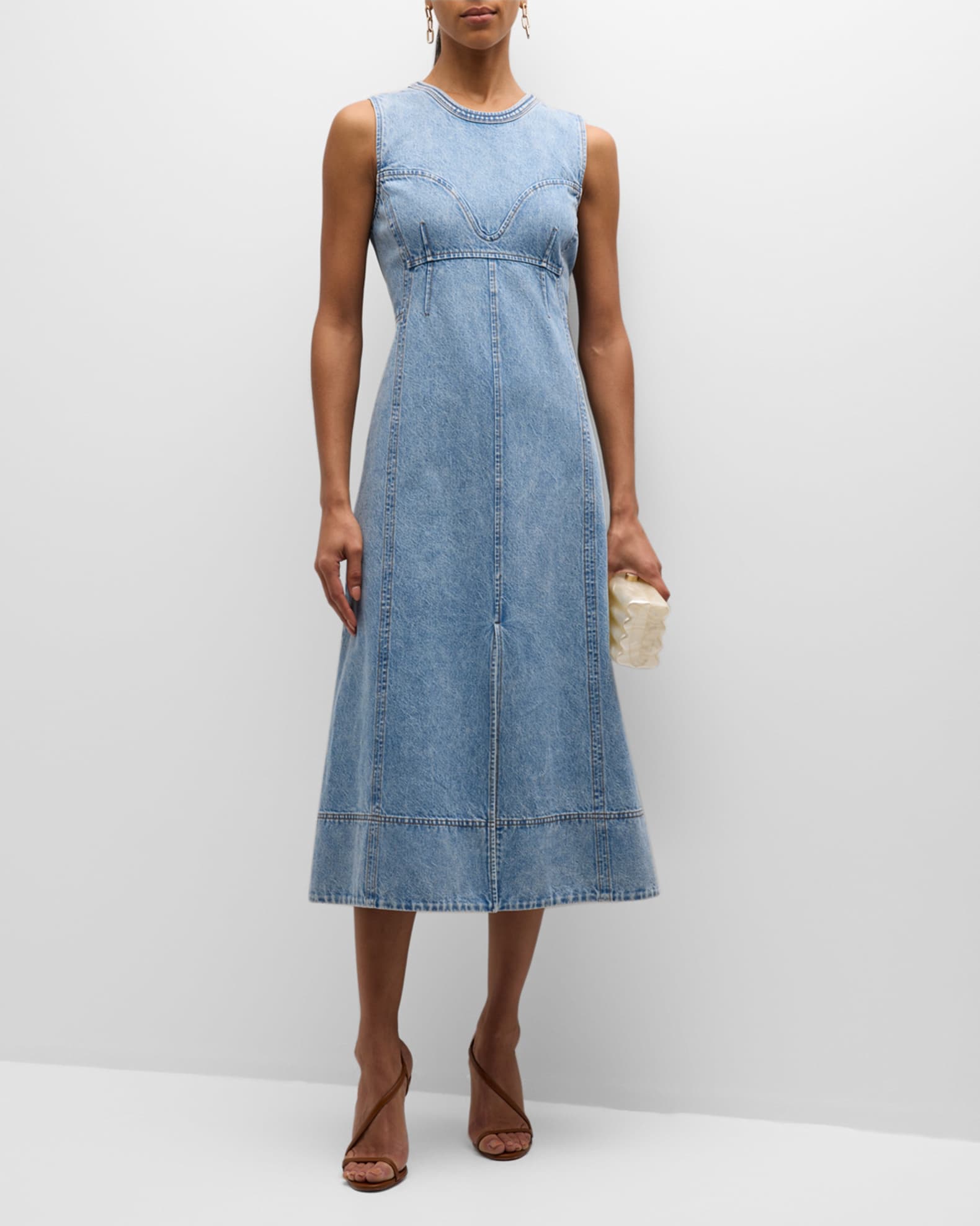 Tanya Taylor Marion Sleeveless Bustier Midi Denim Dress | Neiman Marcus