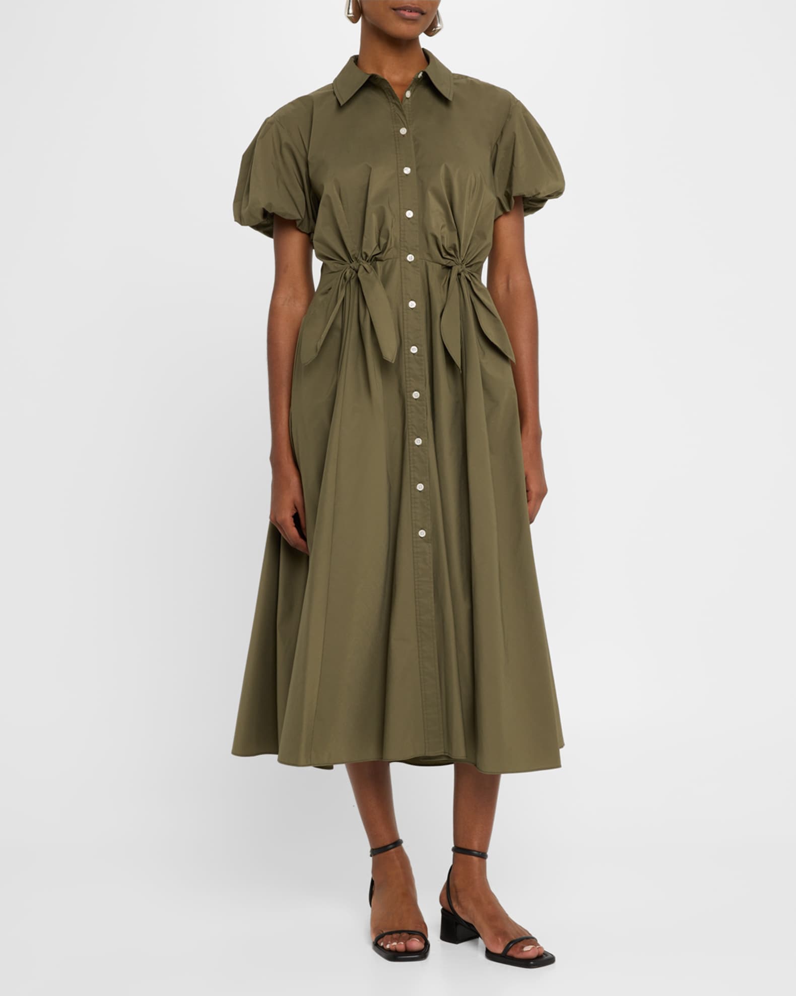 Tanya Taylor Elza Puff-Sleeve Tie-Waist Midi Shirtdress | Neiman Marcus