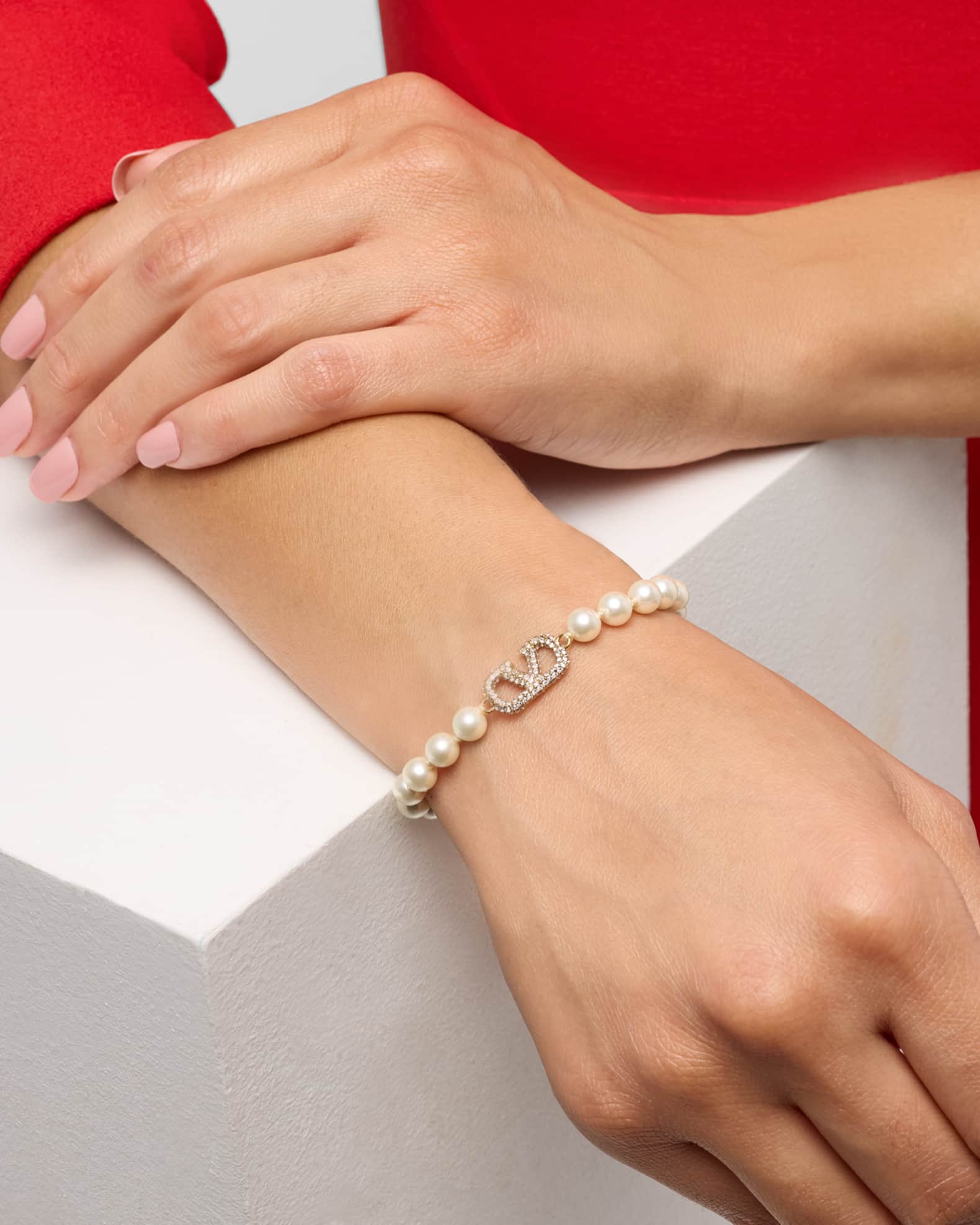 Valentino Garavani Strass Logo on Pearly Bracelet | Neiman Marcus