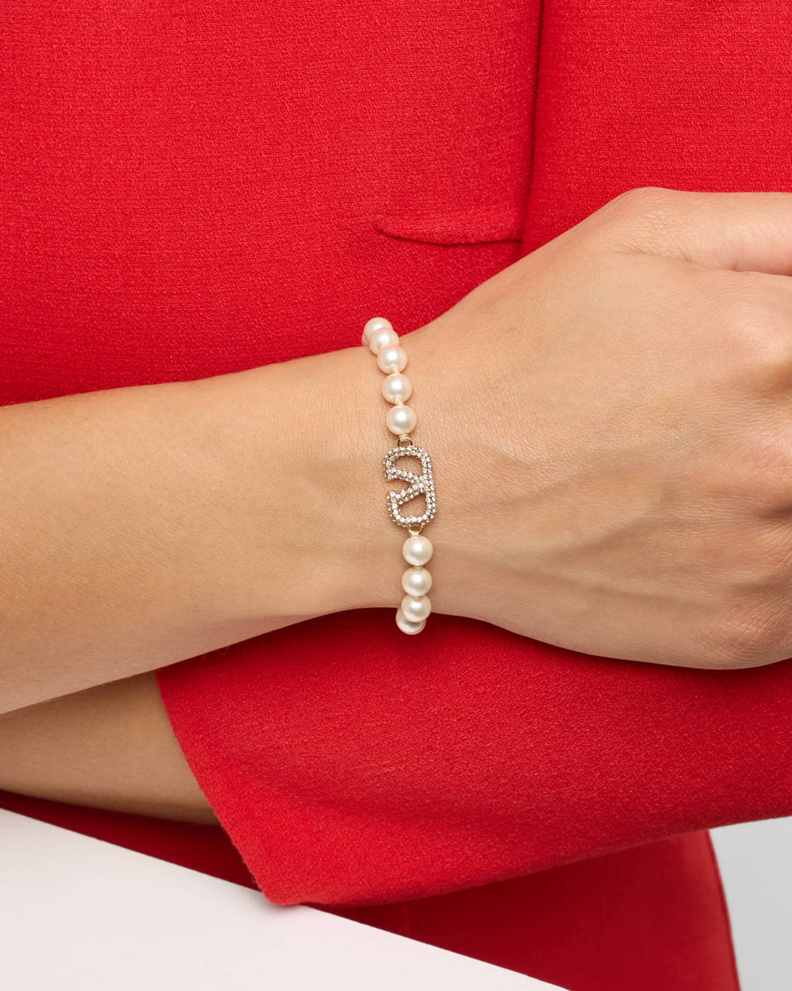 Valentino Garavani Strass Logo on Pearly Bracelet | Neiman Marcus