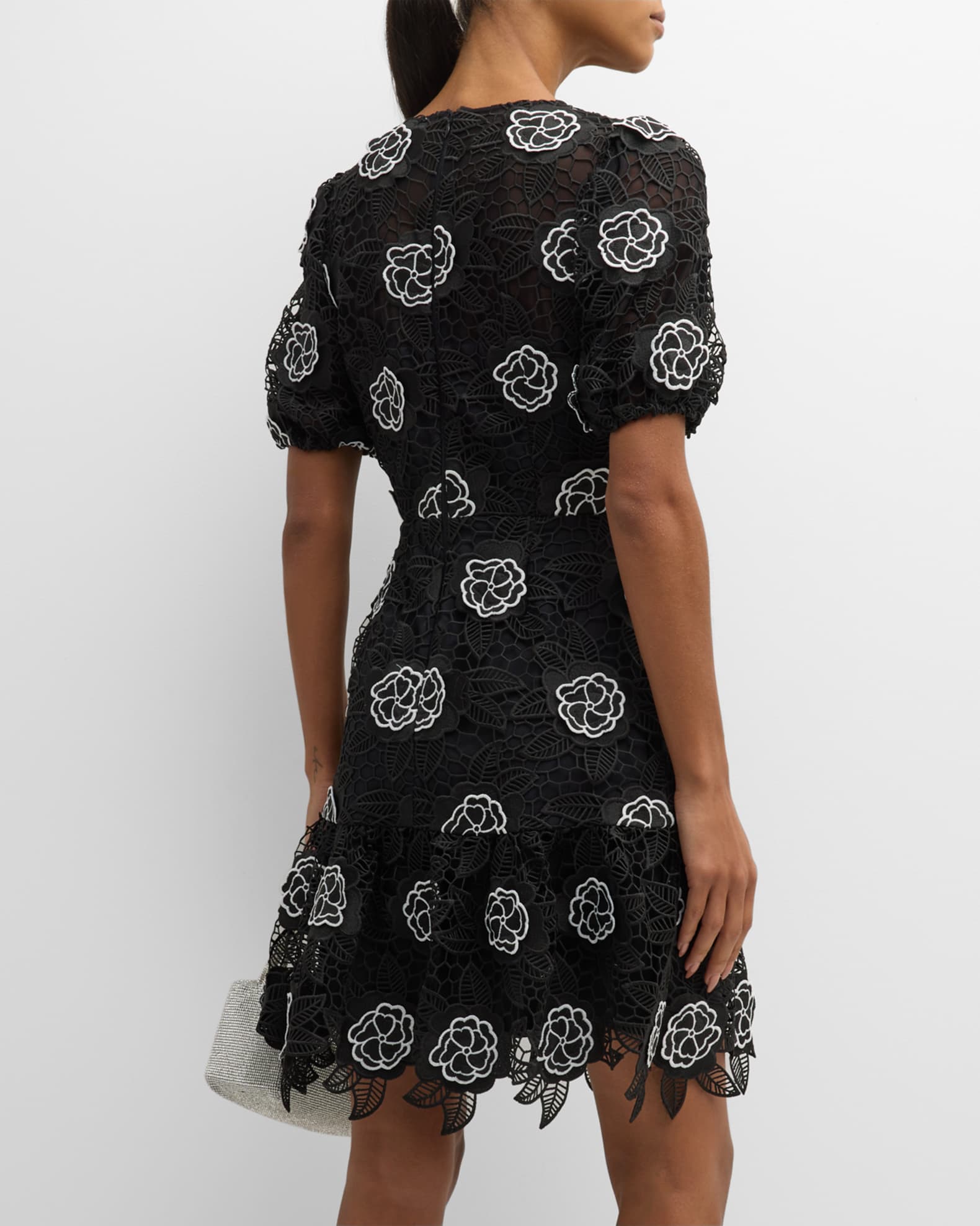 Milly Yasmin Puff-Sleeve Floral Lace Mini Dress | Neiman Marcus
