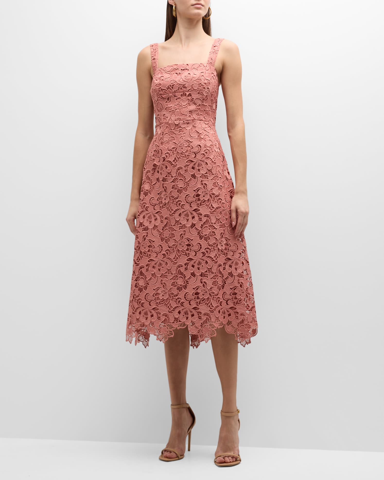 Milly Sleeveless Square-Neck Lace Midi Dress | Neiman Marcus