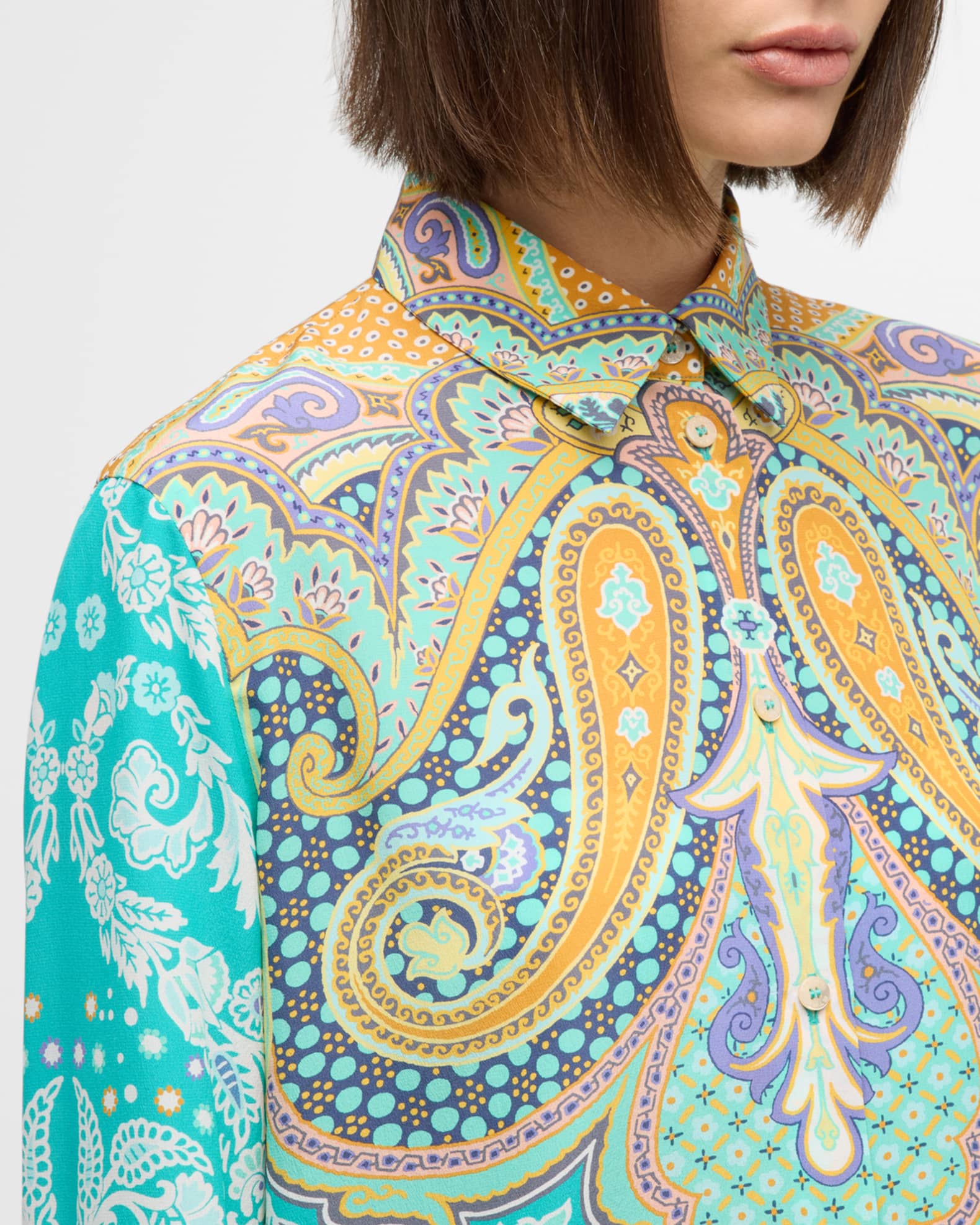 Etro Engineer Degrade Paisley-Print Silk Collared Shirt | Neiman Marcus