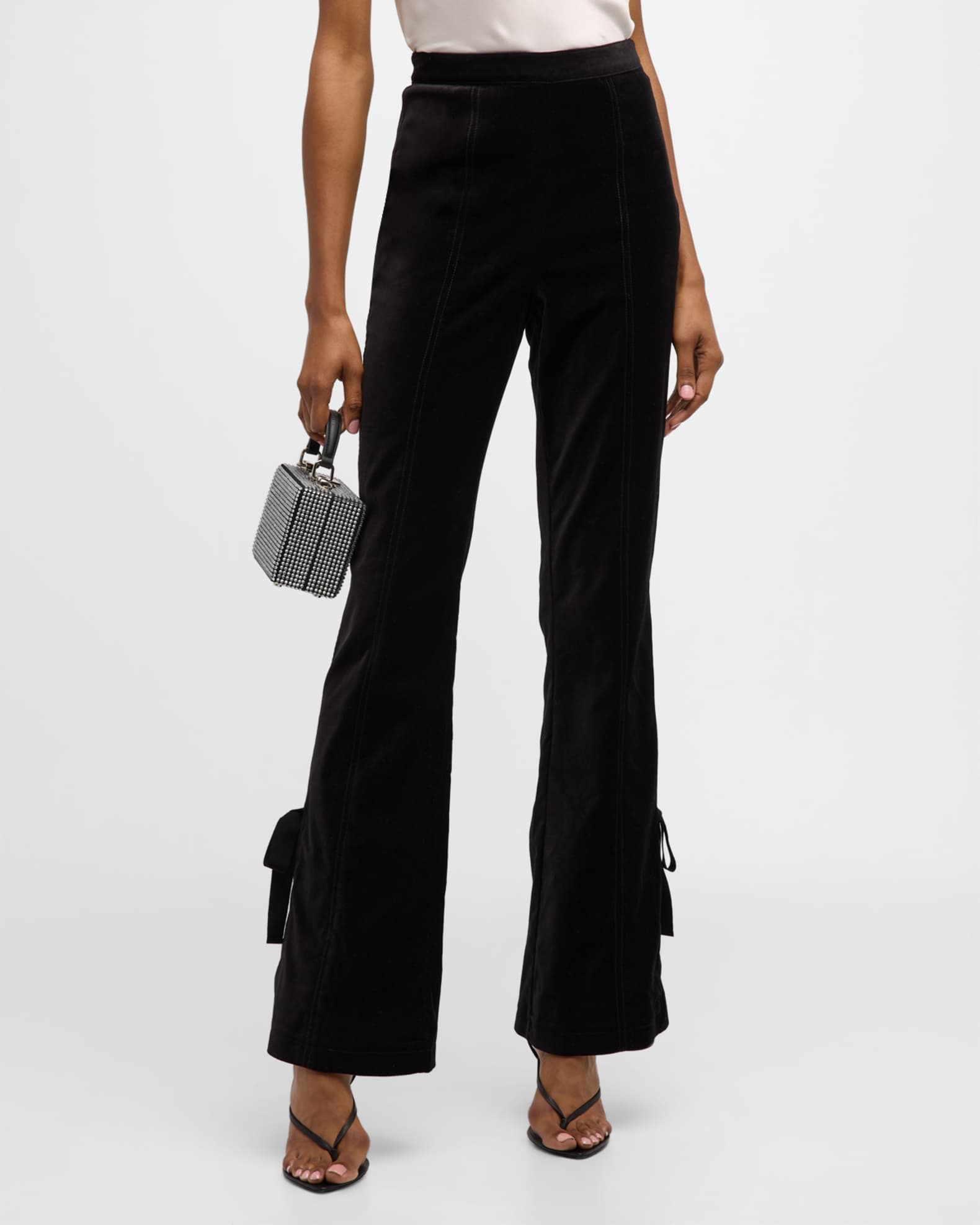 Cinq a Sept Lou Long Velvet Bow Flare Pants | Neiman Marcus