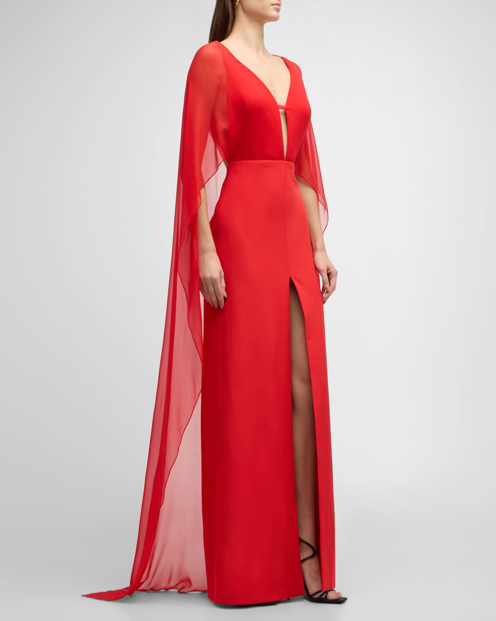 KOLTSON Plunging Chiffon-Cape Slit-Front Crepe Evening Gown | Neiman Marcus