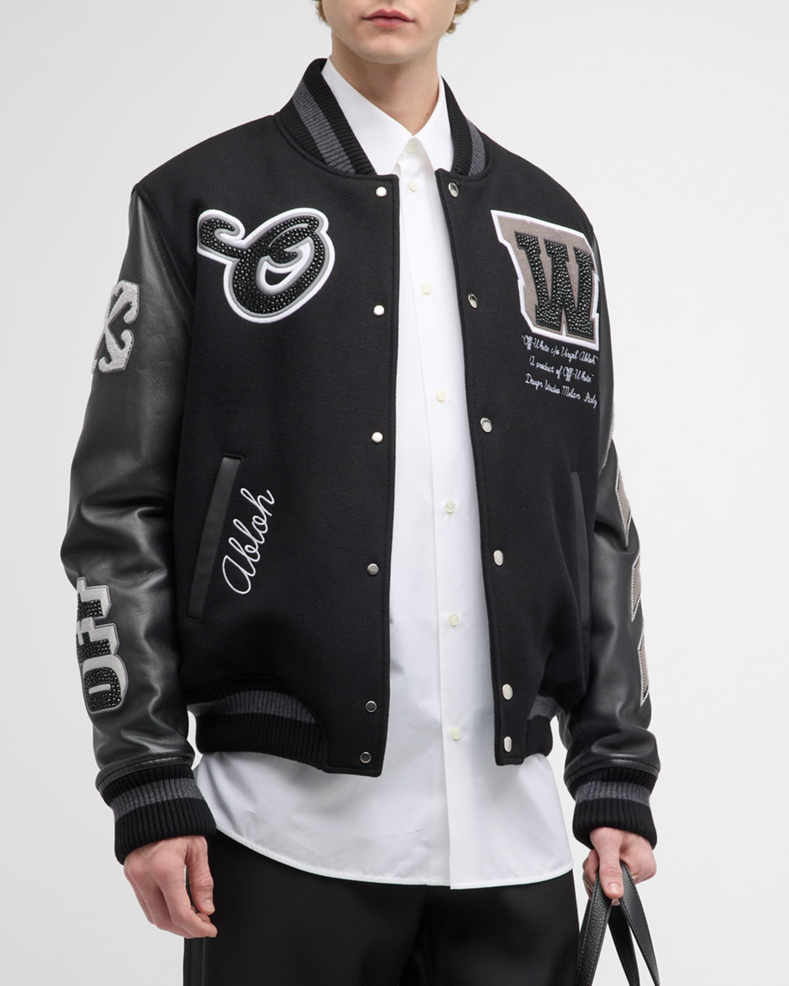 Off-White Men's Crystal Multi-Patch Varsity Jacket | Neiman Marcus