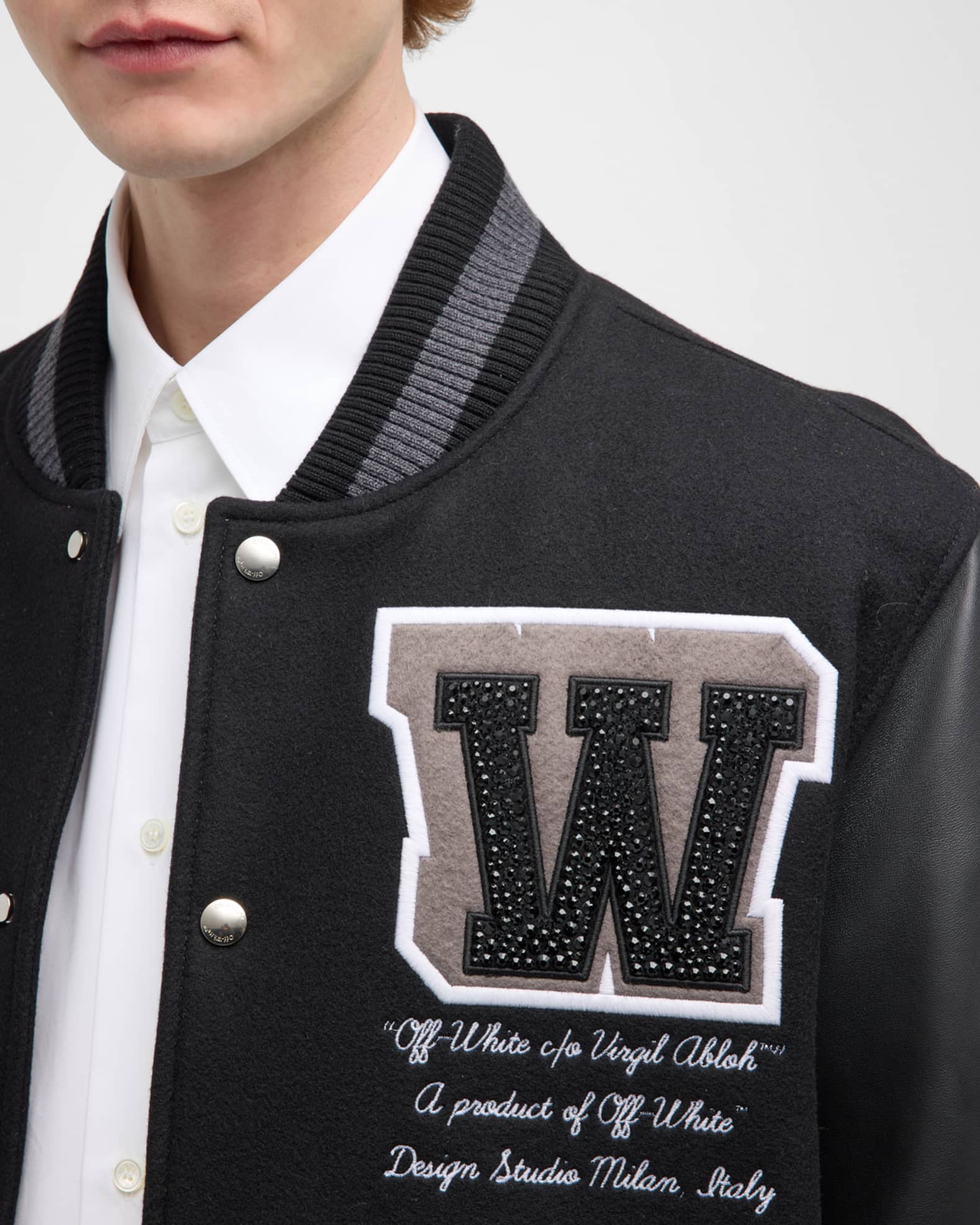 Off-White Men's Crystal Multi-Patch Varsity Jacket | Neiman Marcus