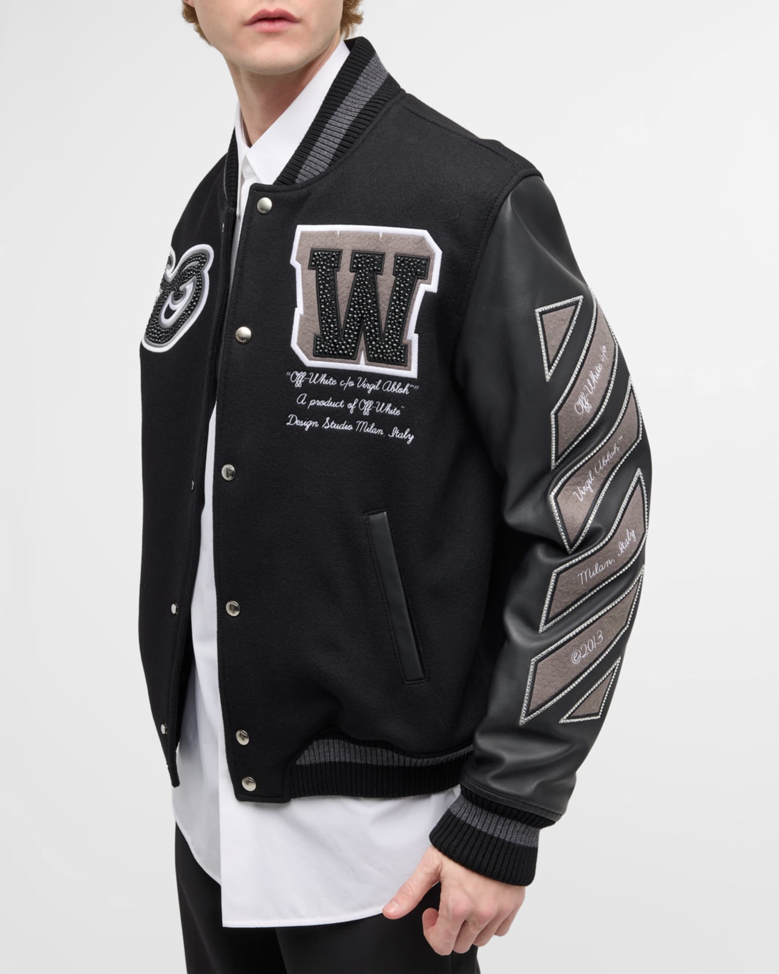 Off-White Men's Crystal Multi-Patch Varsity Jacket | Neiman Marcus
