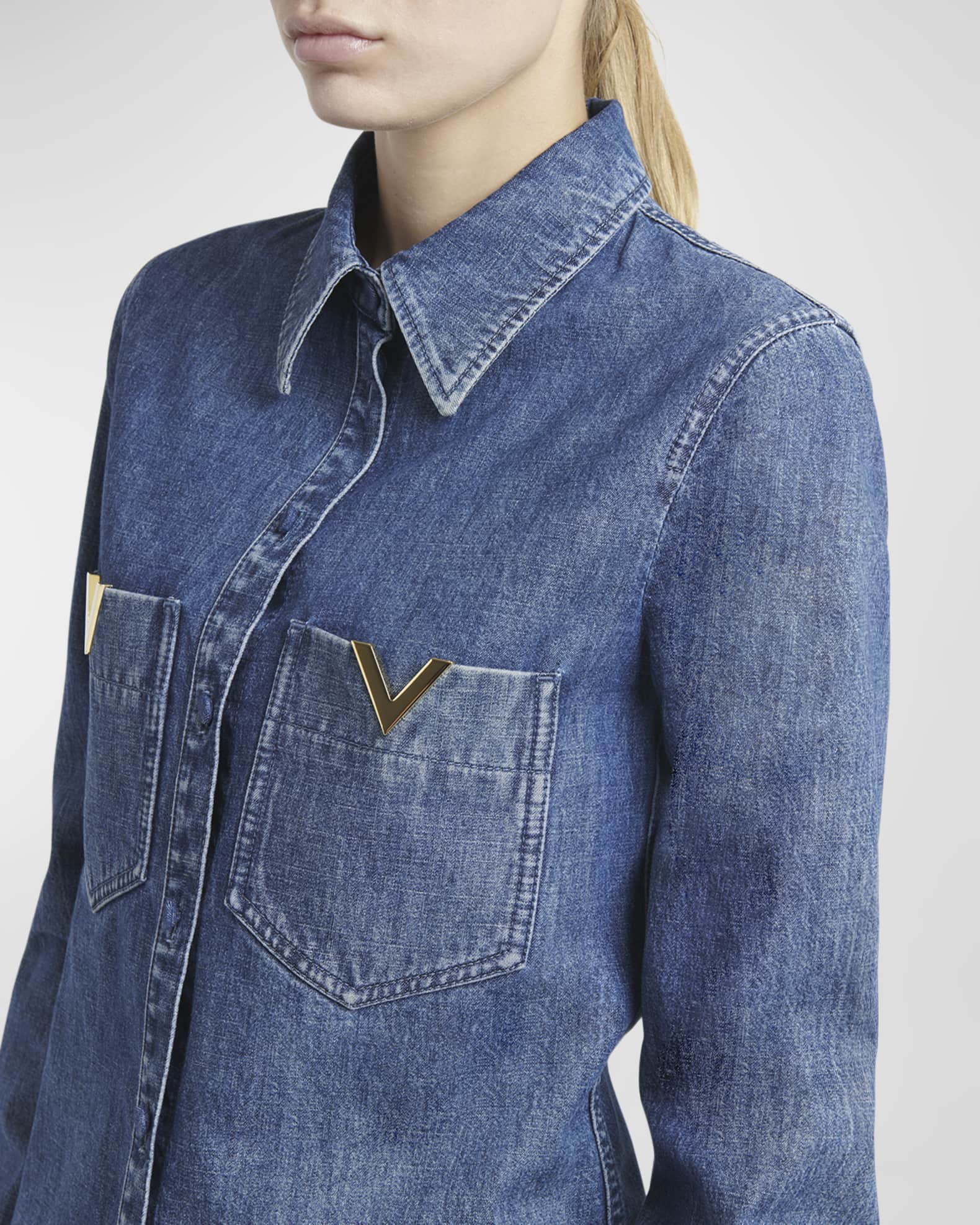 Valentino Garavani Denim Button-Front Shirt with Logo Pocket Detail ...