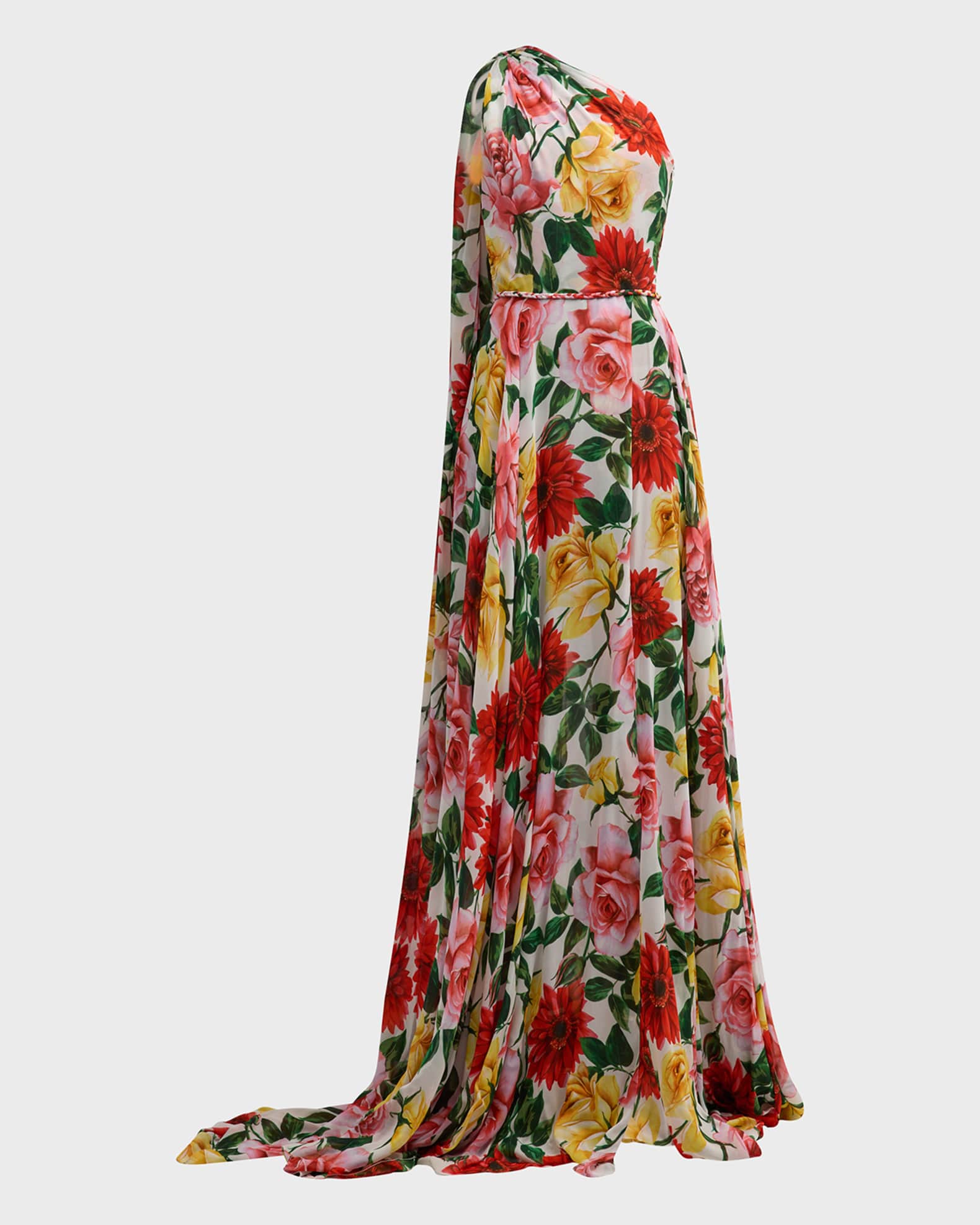 Naeem Khan One-Shoulder Floral Print Gown with Cape Detail | Neiman Marcus