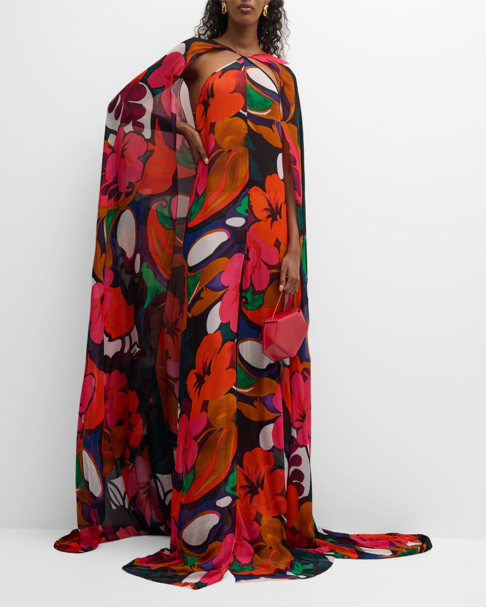 Naeem Khan Floral-Print Halter Cape Gown | Neiman Marcus