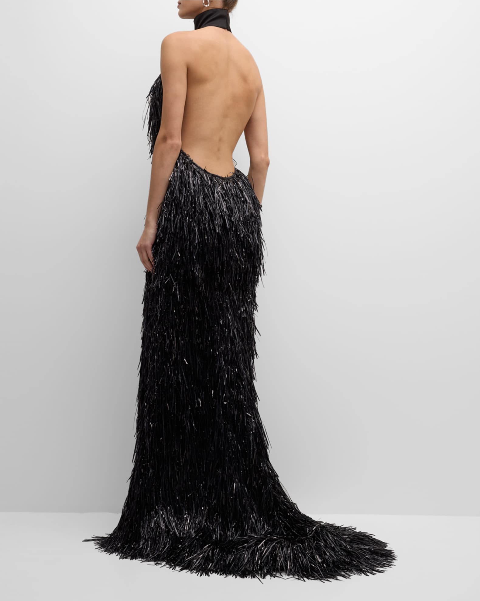 LaQuan Smith Mock-Neck Halter Fringe Gown | Neiman Marcus