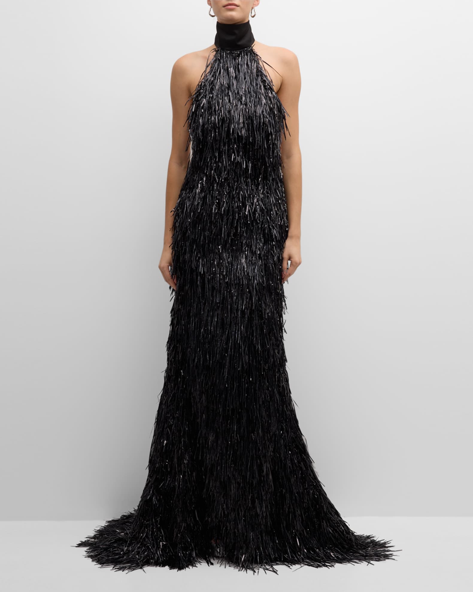 LaQuan Smith Mock-Neck Halter Fringe Gown | Neiman Marcus
